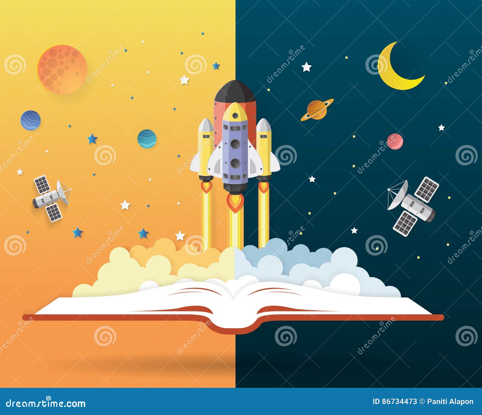 Open Book with Solar System, Space Shuttle, Planets, Stars, Earth ...