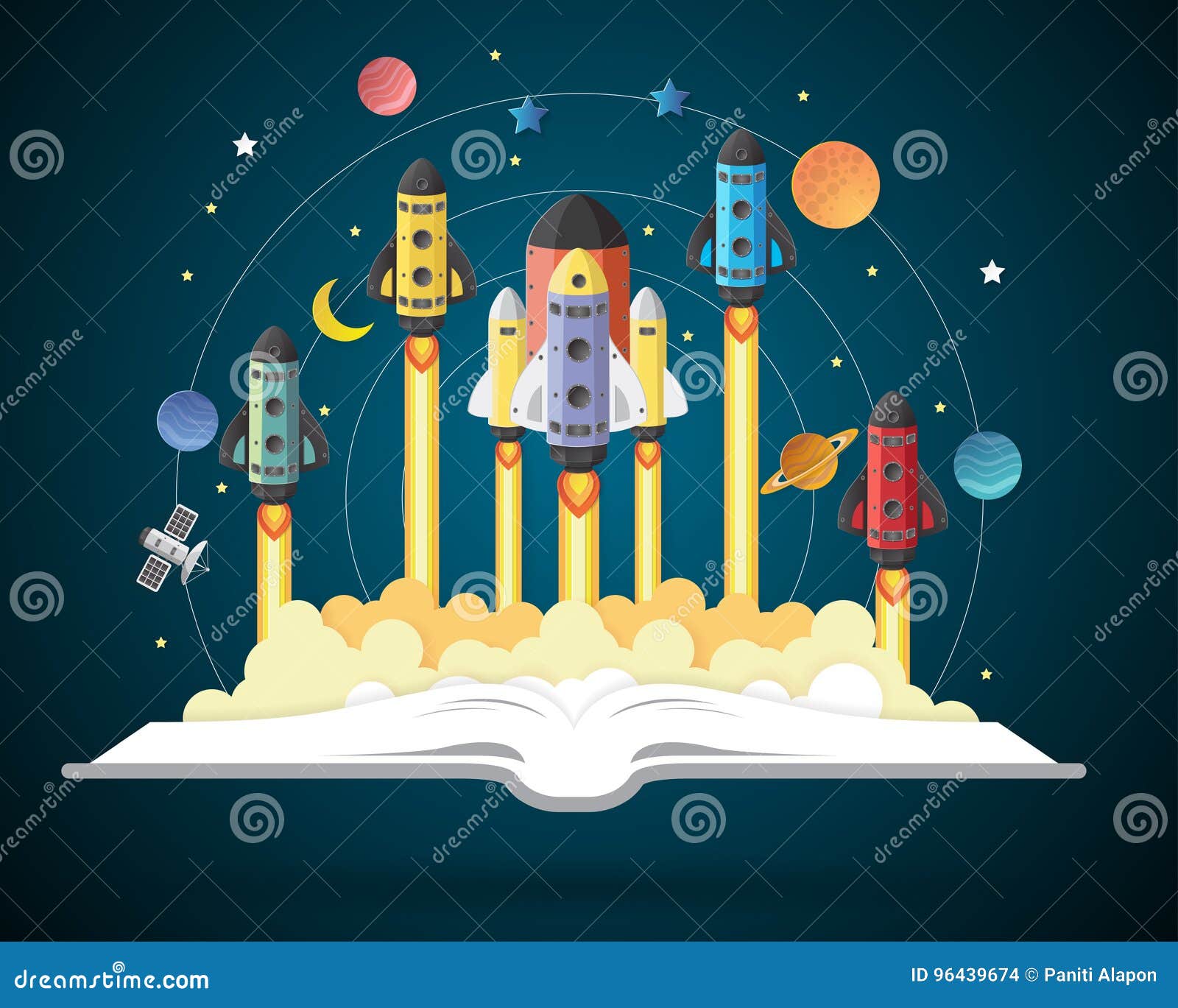 Open Book with Solar System, Space Shuttle, Planets, Stars Stock Vector ...