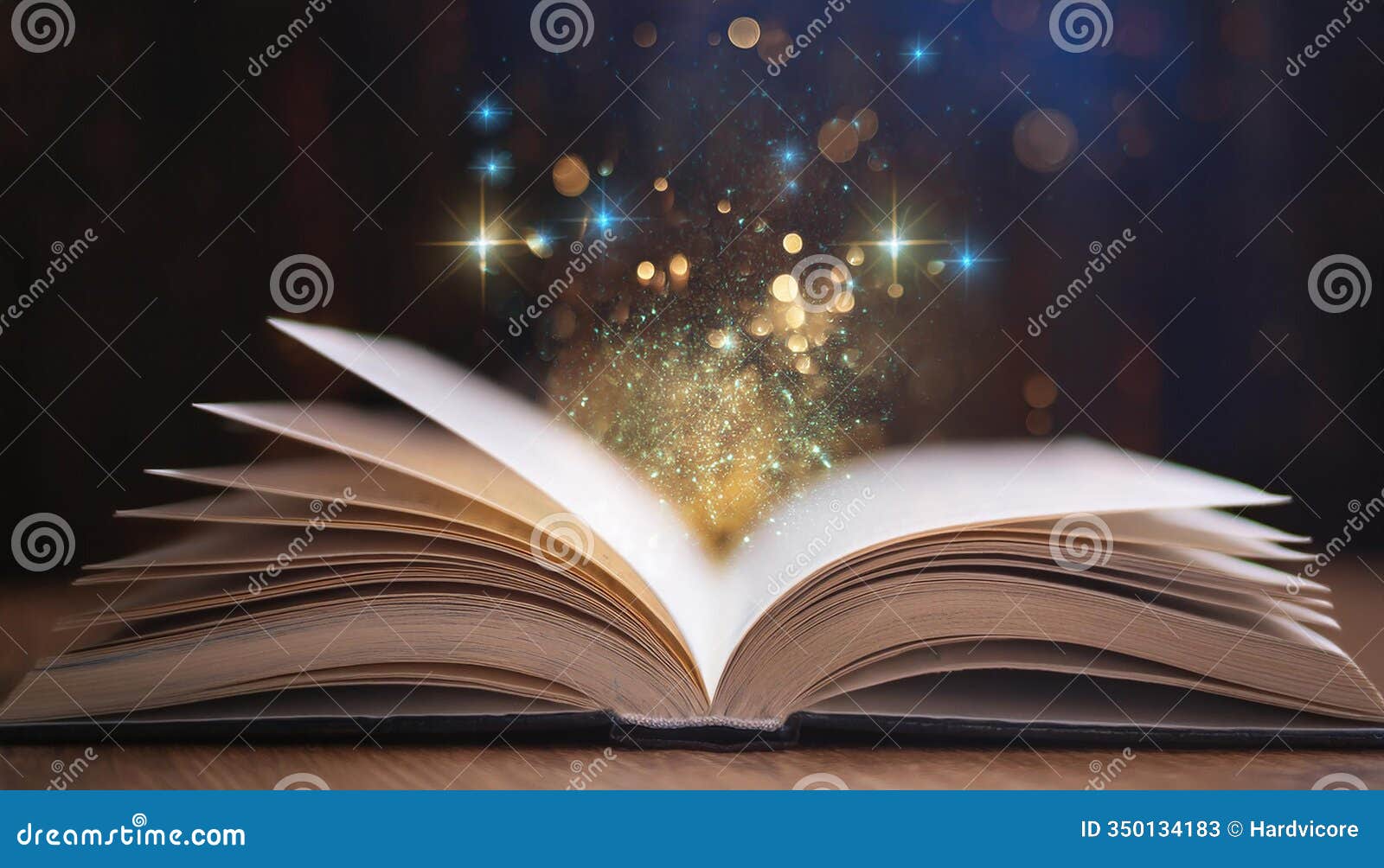 Open Book with Sparkles on Table. Magic Composition in Dark Room Stock ...