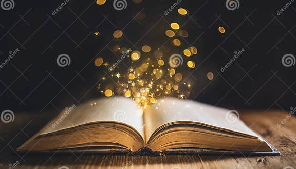 Open Book with Sparkles on Table. Magic Composition in Dark Room Stock ...