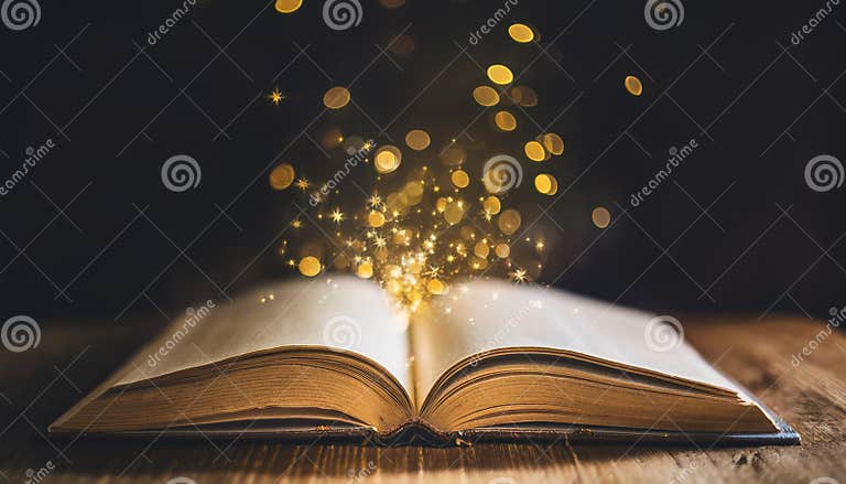Open Book with Sparkles on Table. Magic Composition in Dark Room Stock ...
