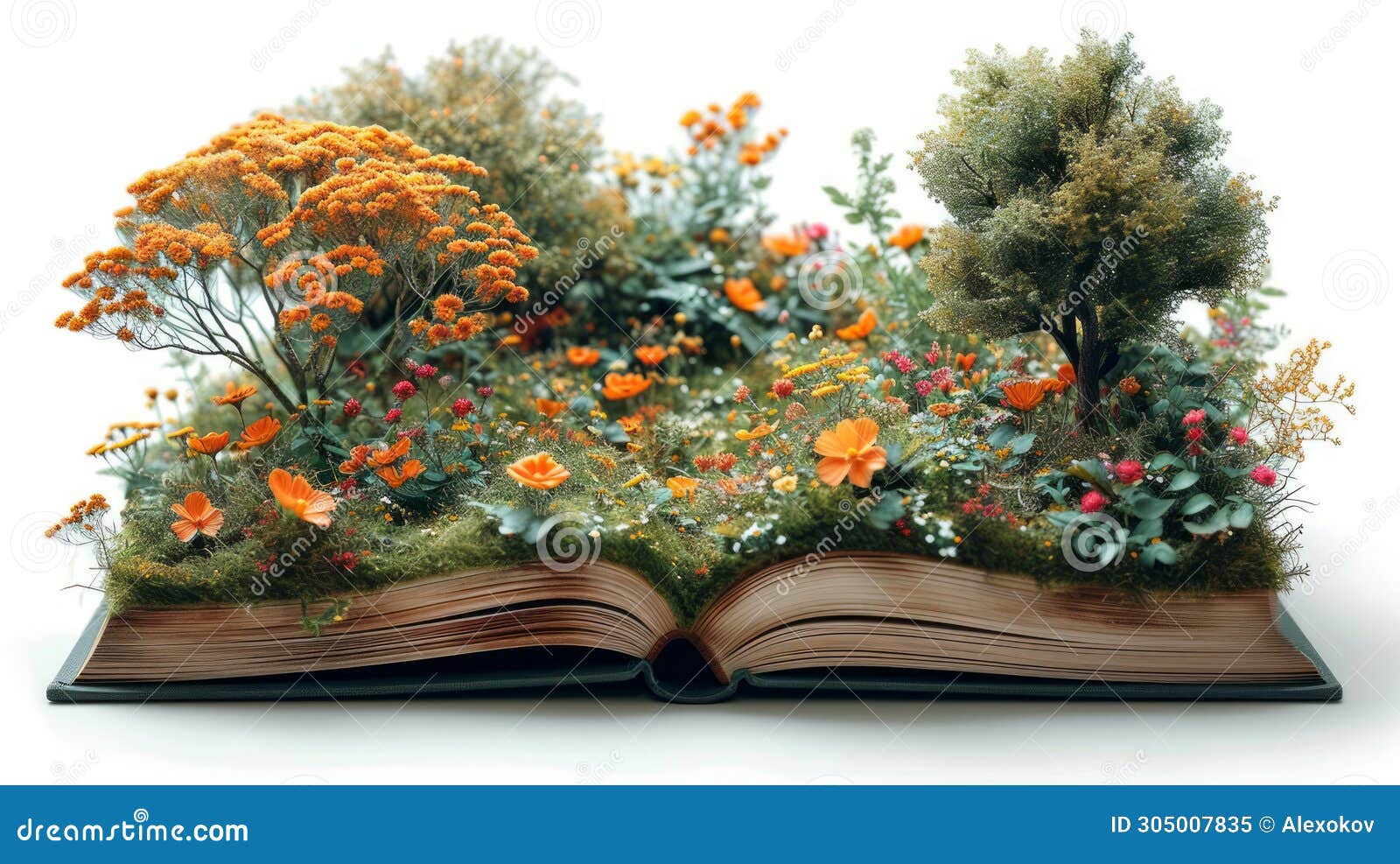 Open Book with Spring Flowers on White Background. 3D Illustration ...