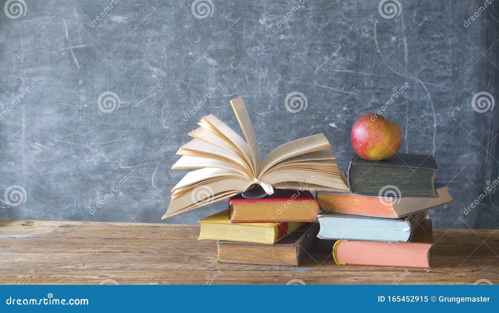 Open Book and Stack of Books with Chalk Board and Red Apple.Back To ...