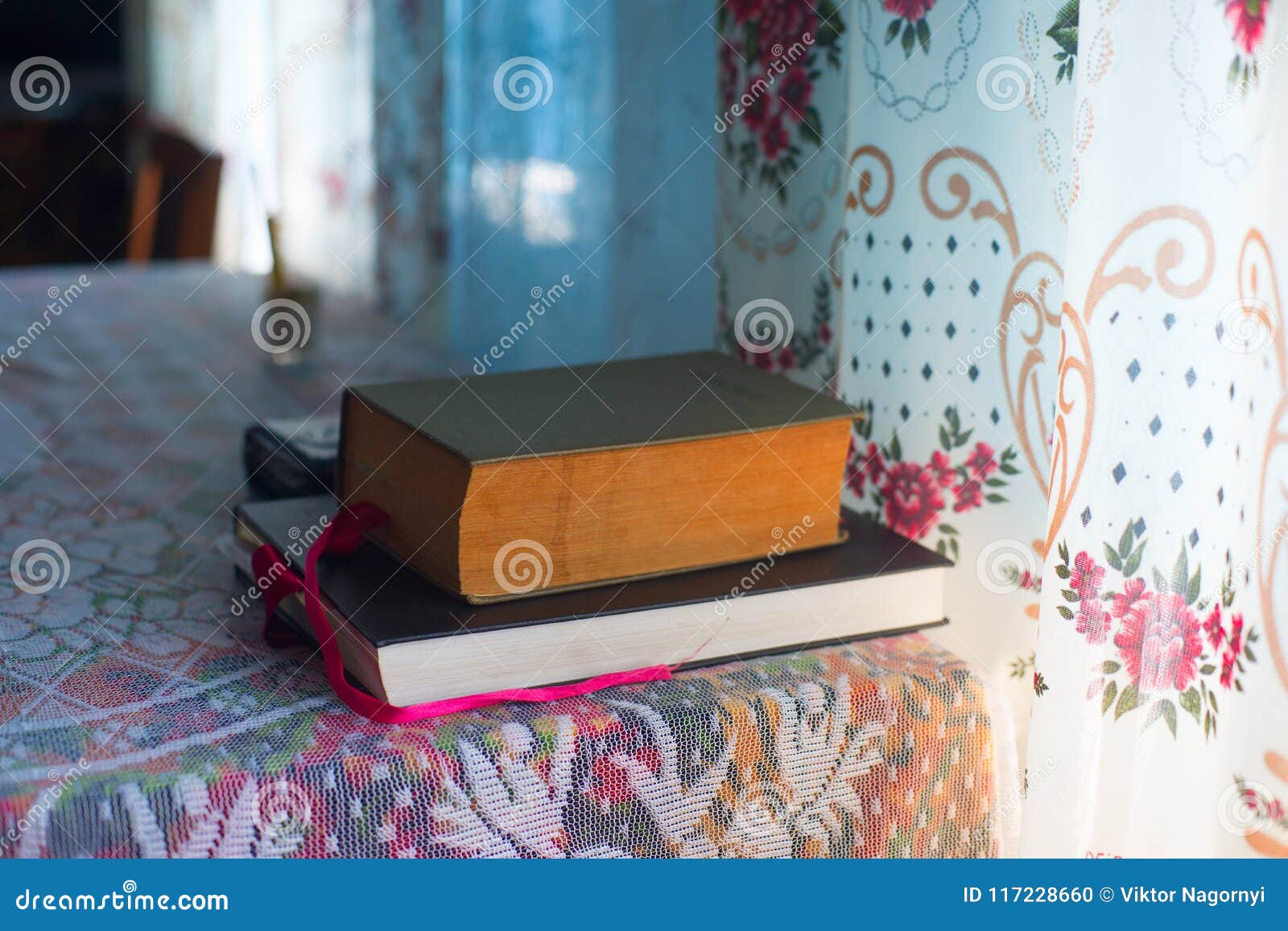 Open Book, Stack of Hardback Books on Table. Top View. Stock Photo ...