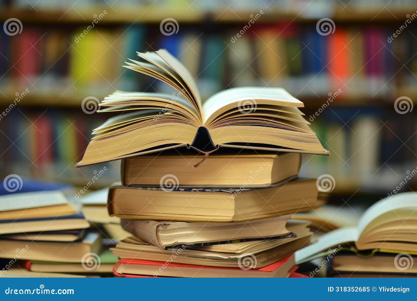 Open Book on Stack in Library Stock Image - Image of library, print ...