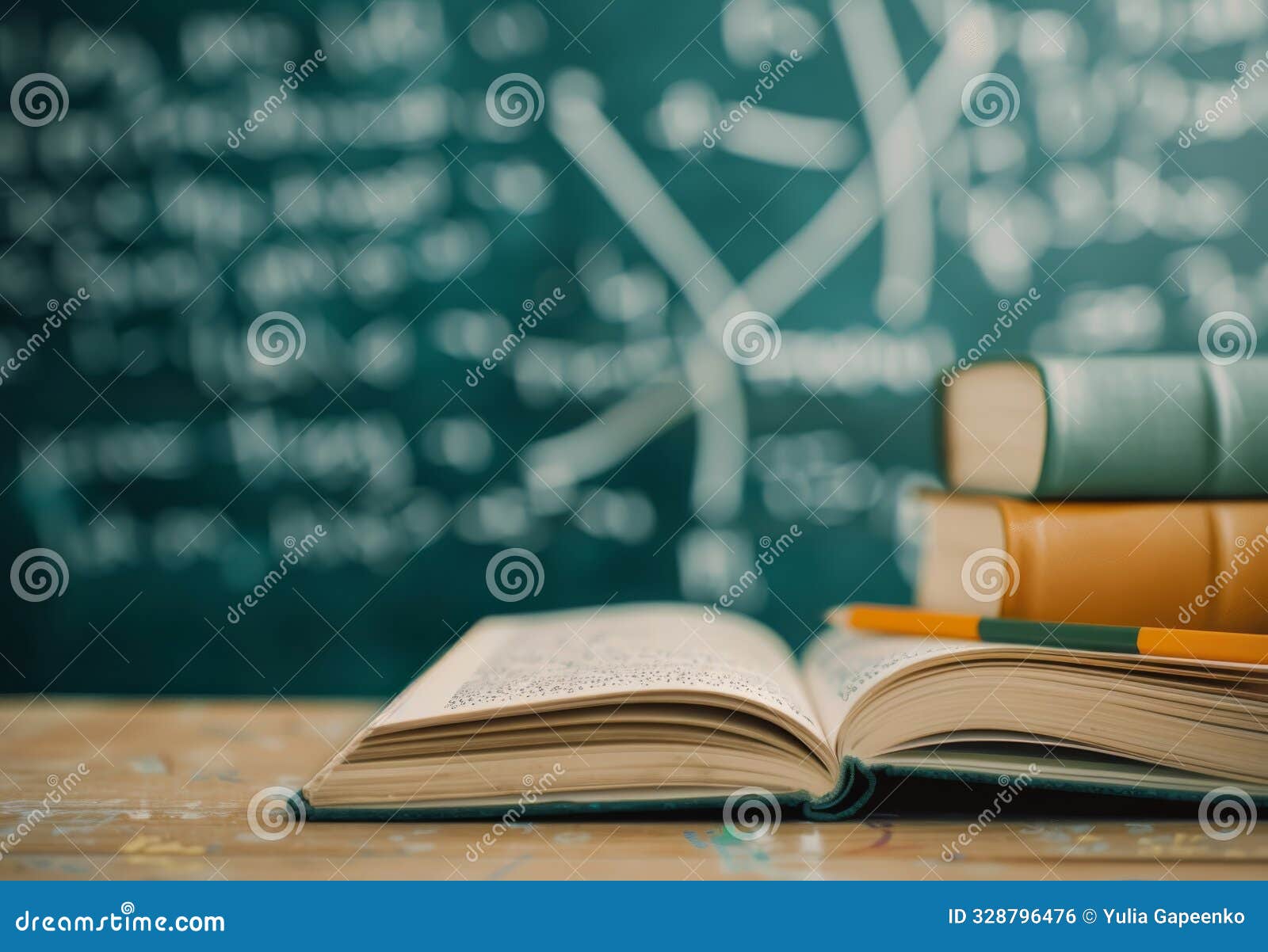 Open Book on Stack of Textbooks with Chalkboard Background and Blurred ...