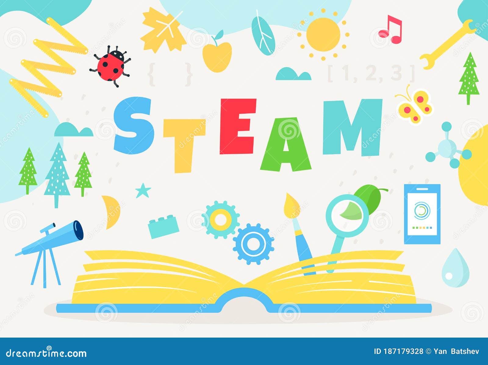 Open Book and STEAM Sign. Science, Technology, Engineering, Art and ...