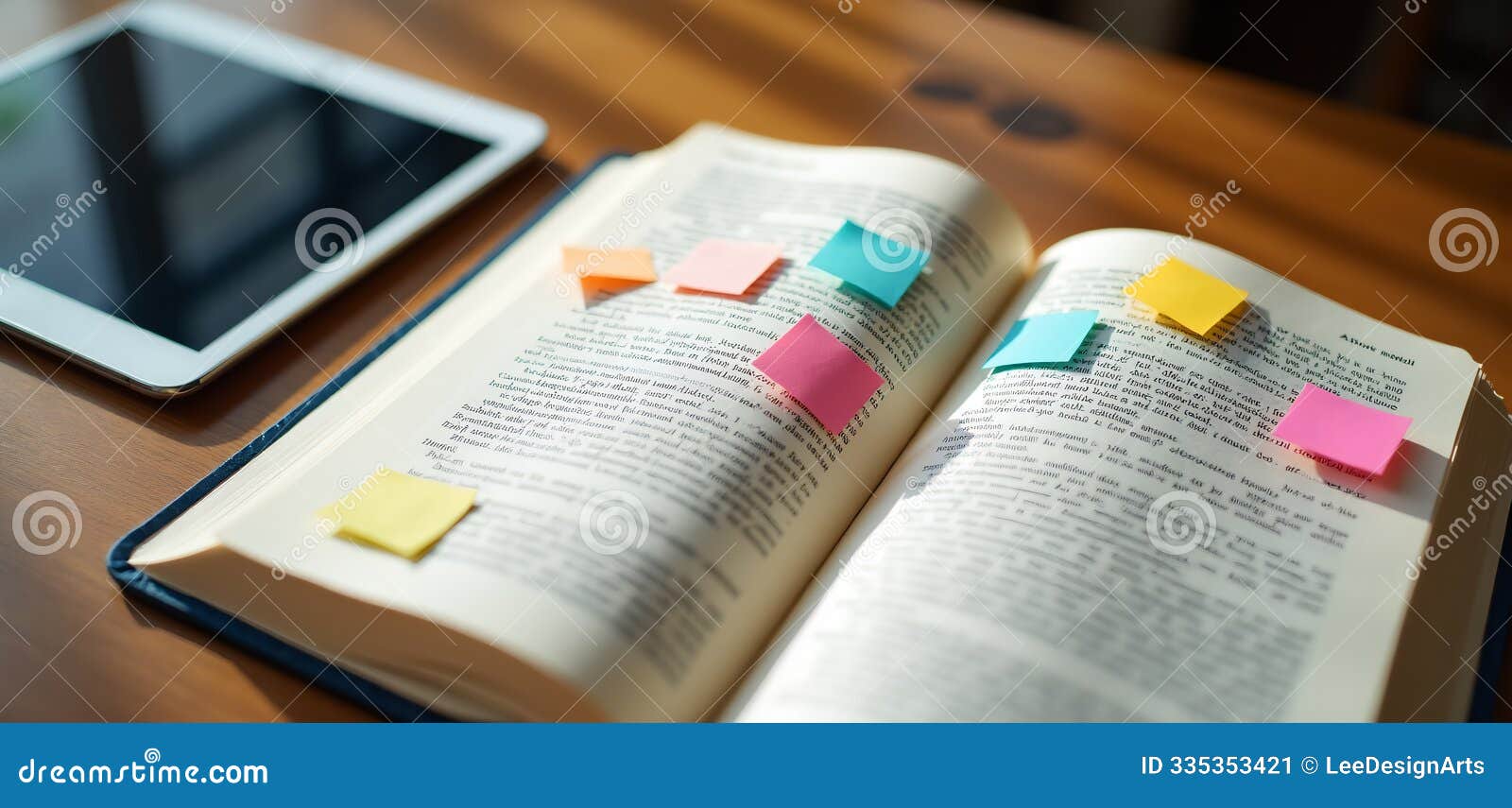 Open Book with Sticky Notes and Tablet on Desk Stock Image - Image of ...