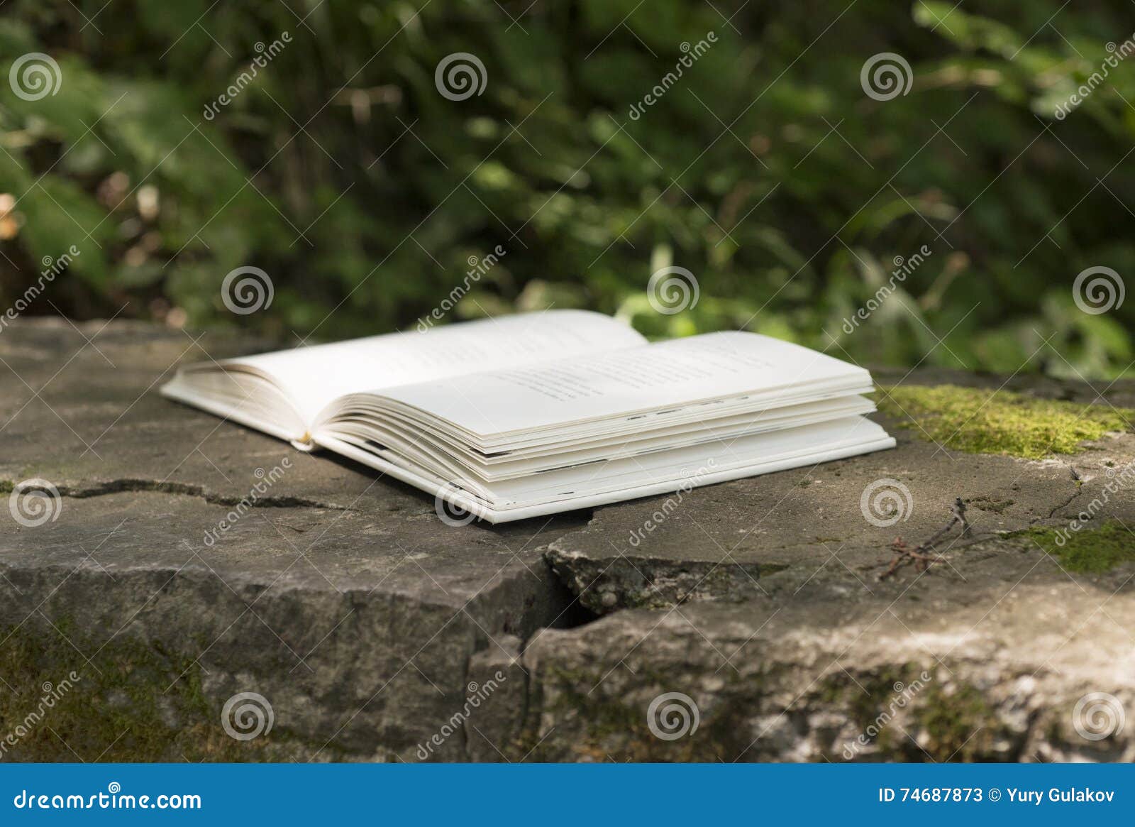 Open Book on the Stone Bench. Stock Image - Image of page, brown: 74687873