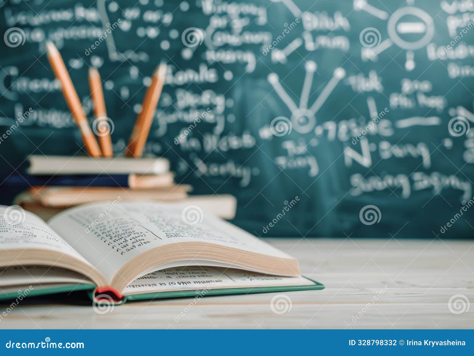 Open Book with Study Notes and Chalkboard in Classroom Setting Stock ...