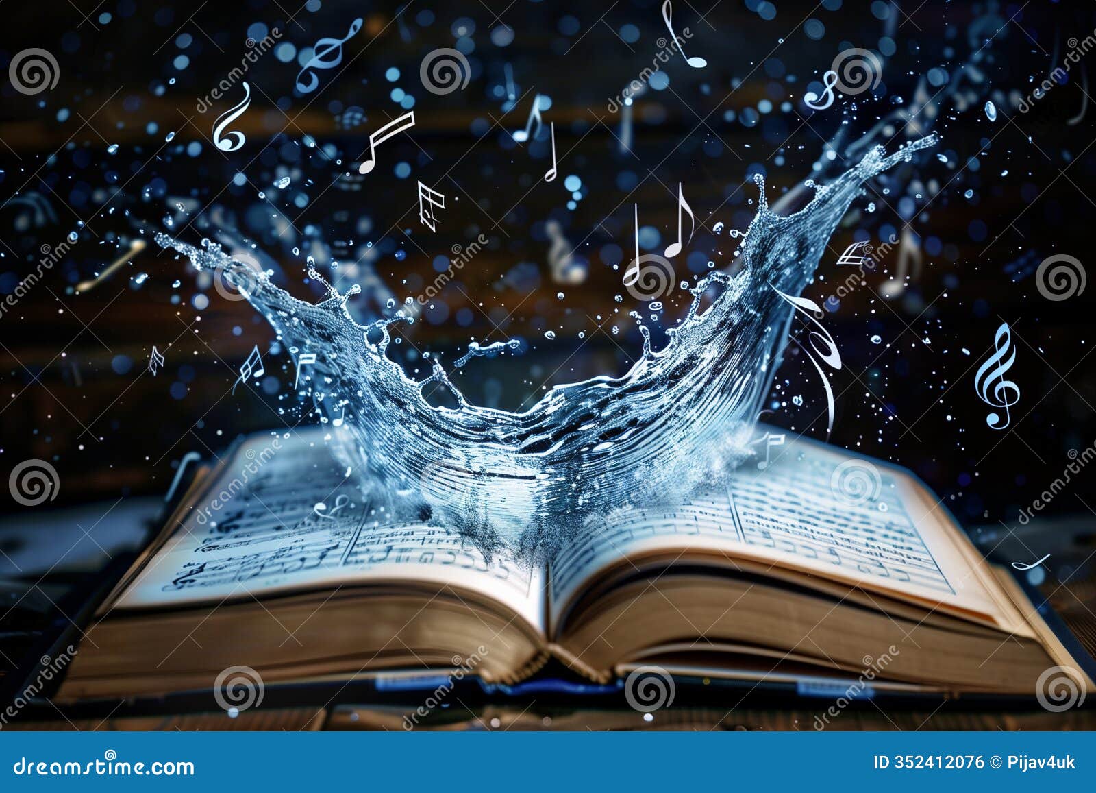 Open Book Surrounded by Splashing Water and Exploding Music Notes ...