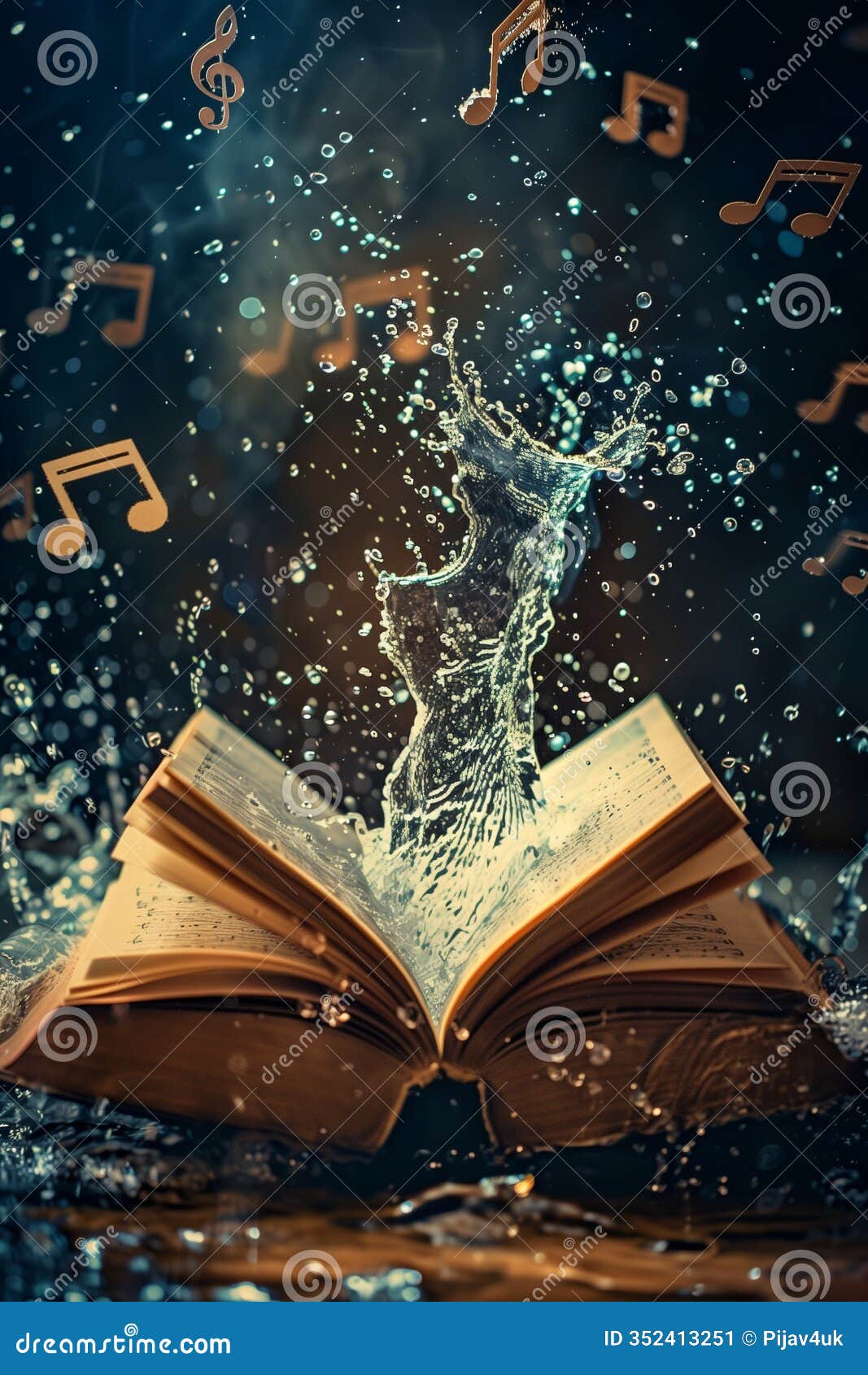 Open Book Surrounded by Splashing Water and Exploding Music Notes ...