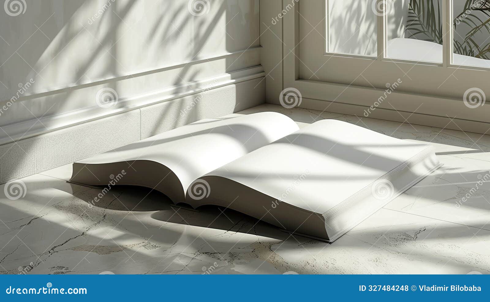 Open Book on White Tile Floor with Window Light and Shadow Stock ...