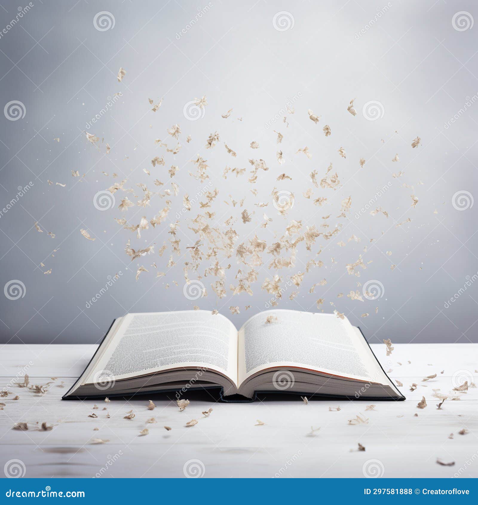 Open Book with Torn Pages Flying in the Air Stock Photo - Image of ...