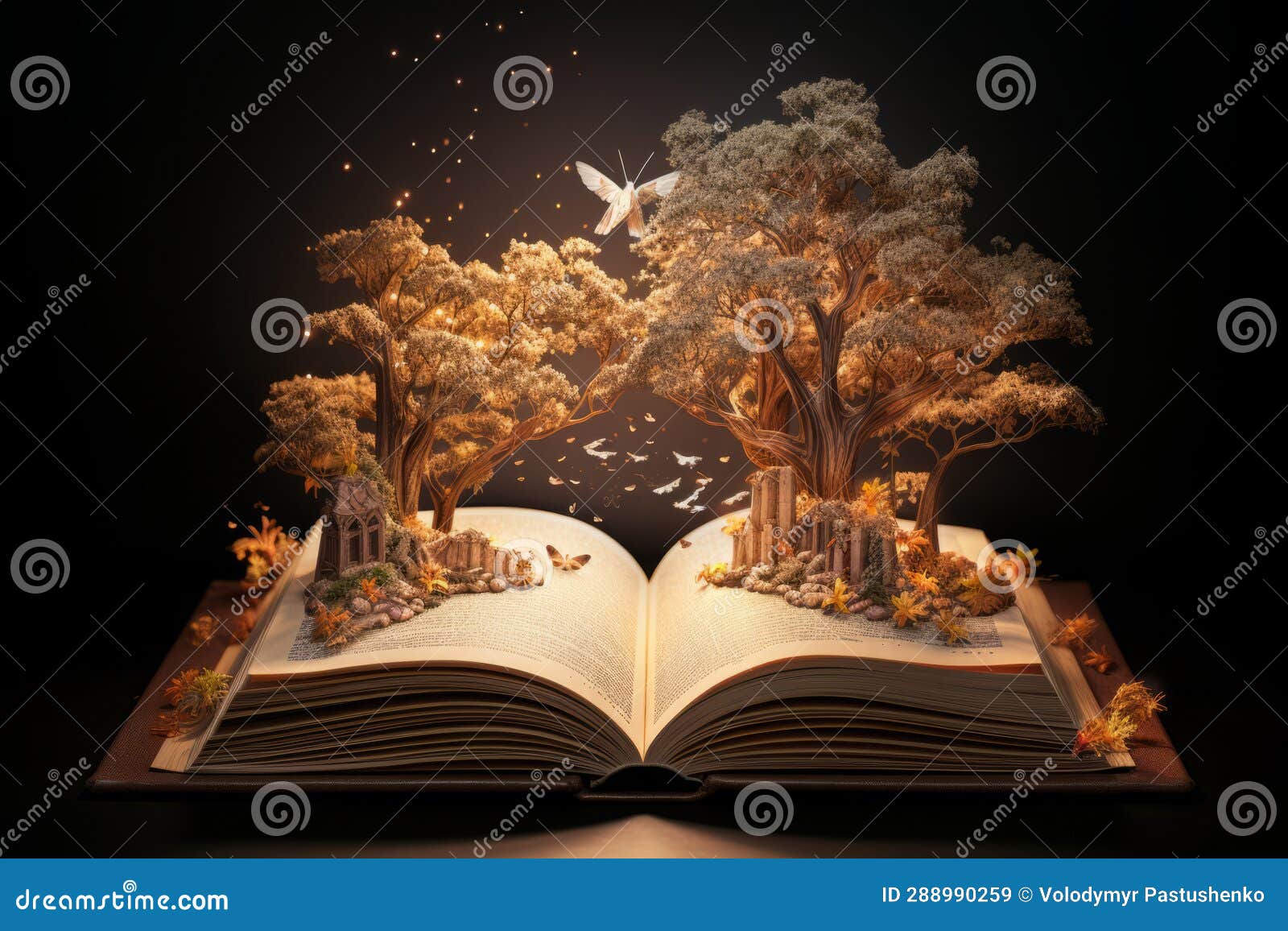 Open Book with Tree and Bridge on it and Butterfly Flying Over it ...