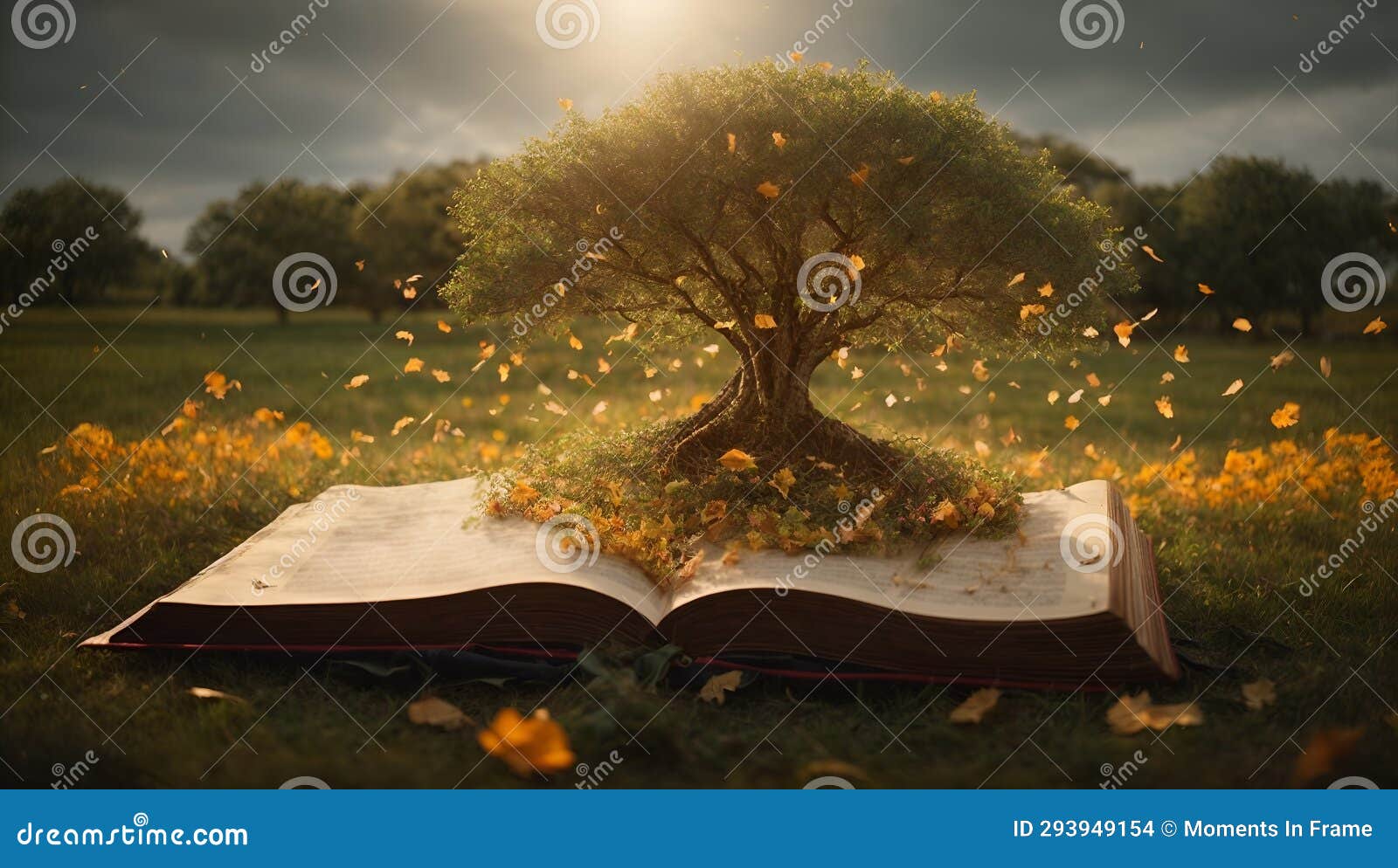 Open Book with Tree and Falling Leaves on it. Stock Illustration ...