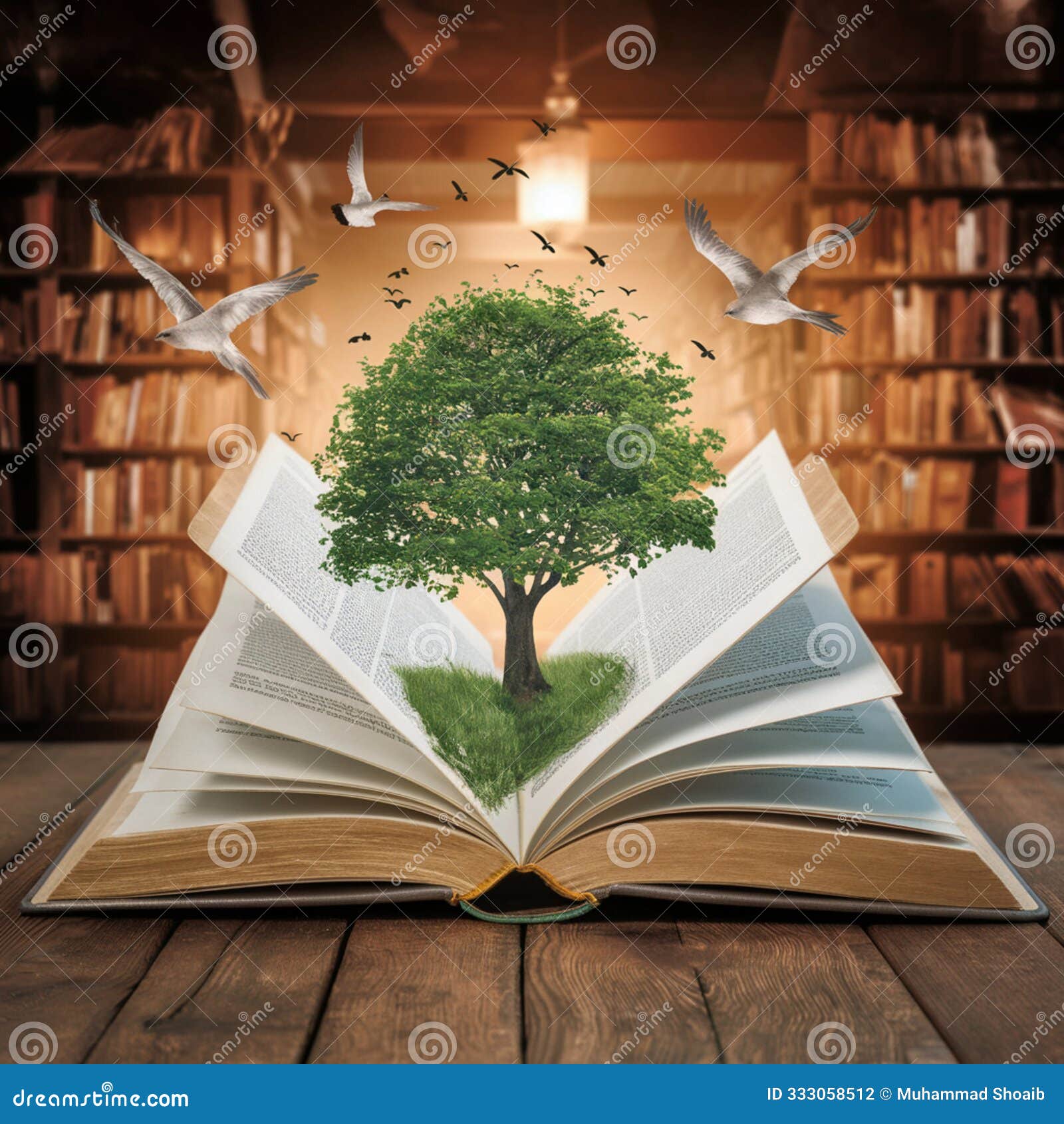Open Book with Tree, Flying Birds, Warm Library Backdrop, Symbolizing ...
