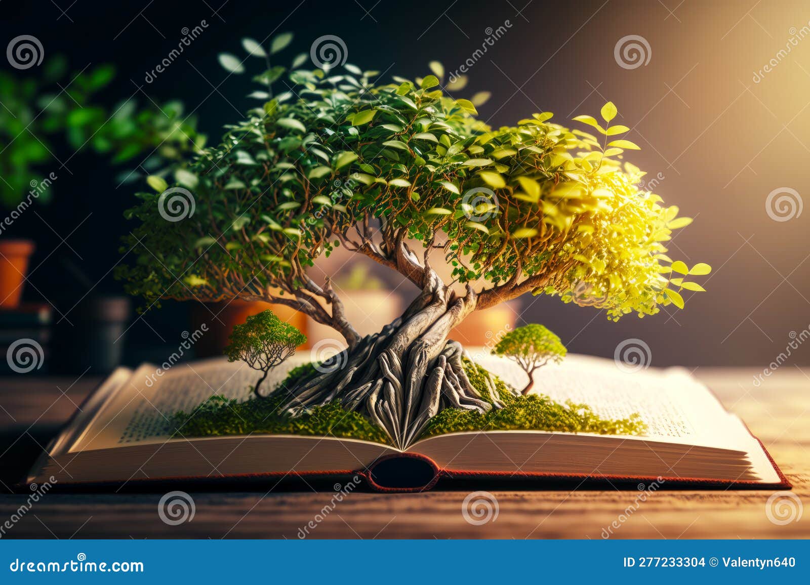 Open Book with Tree Growing Out of it on Top of Table. Generative AI ...