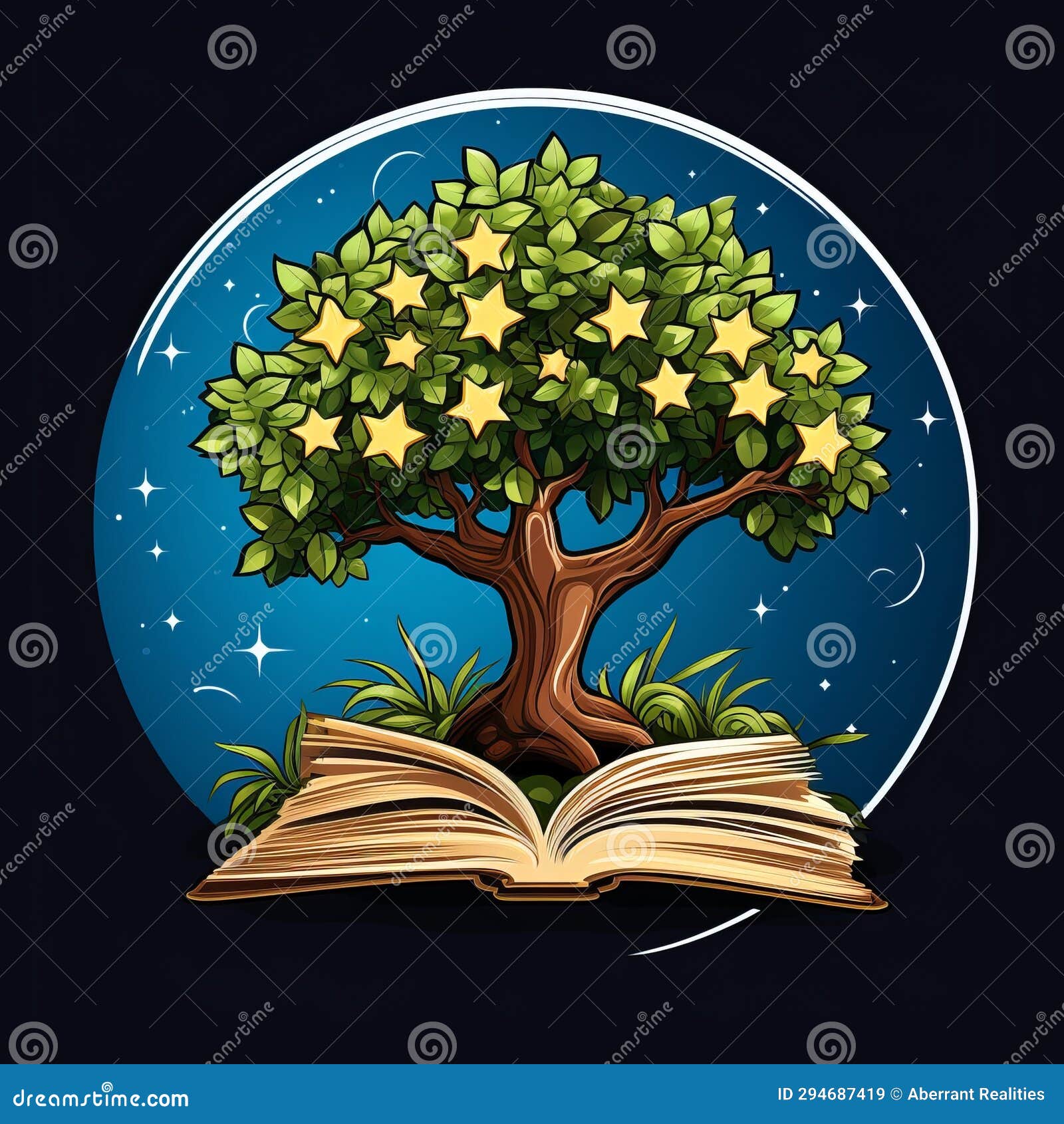 An Open Book with a Tree and Stars on it Stock Illustration ...