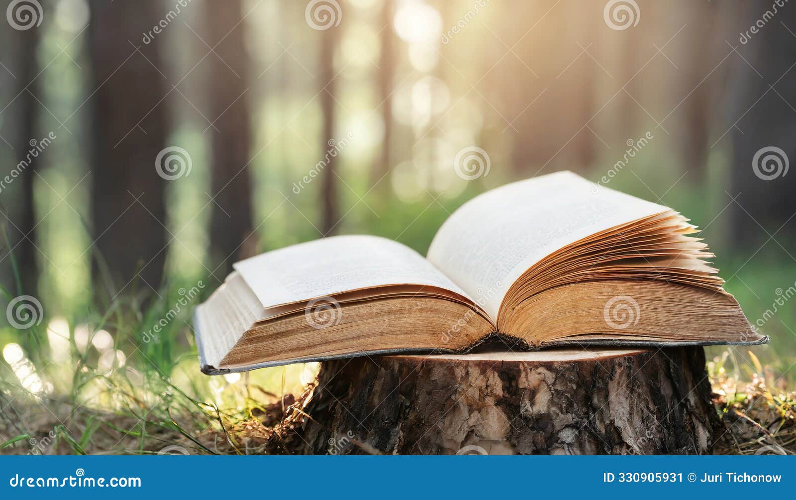 An Open Book on a Tree Stump in a Forest with Sunlight Filtering ...