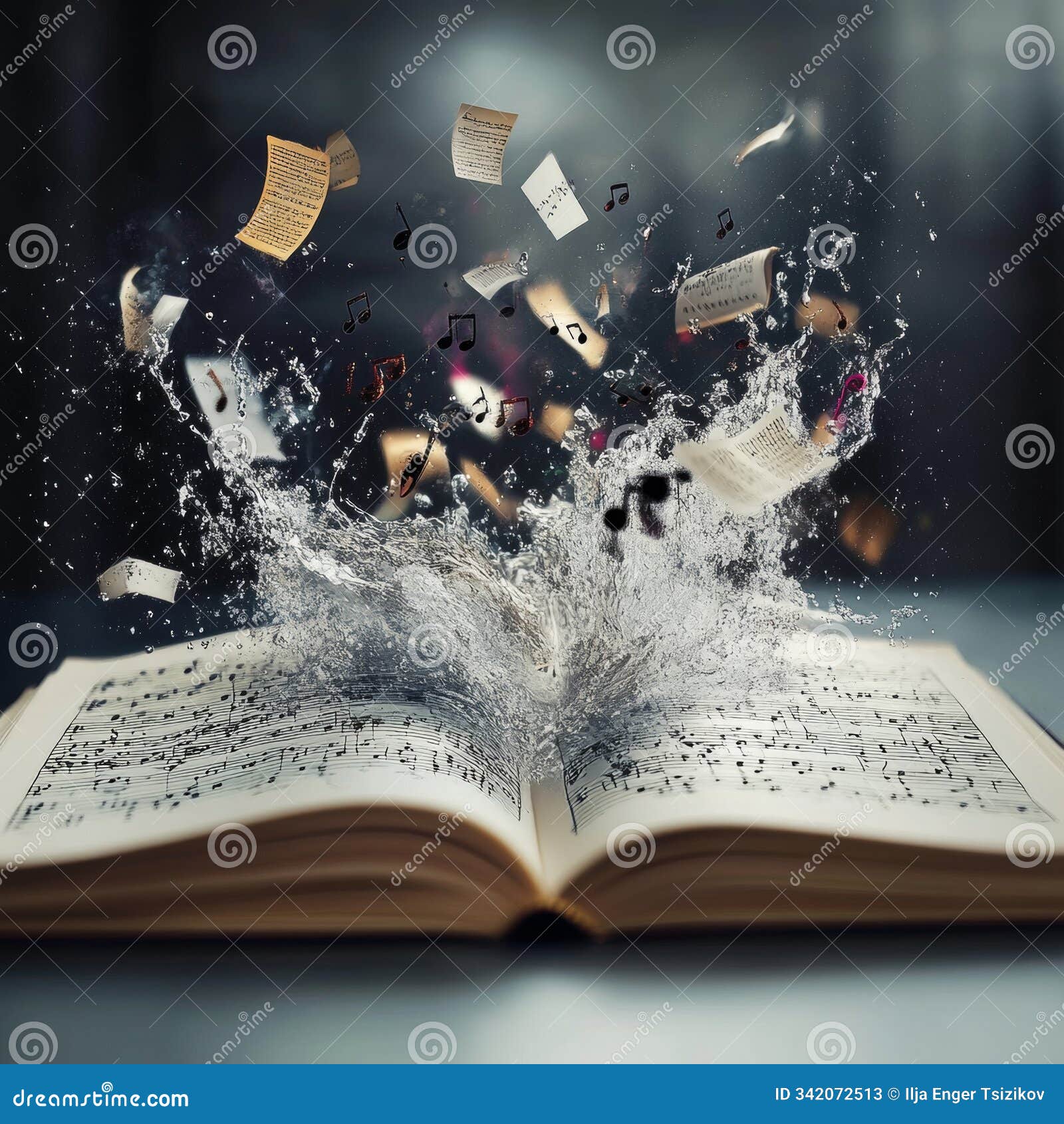 Open Book with Water Splashing and Music Notes Exploding, Symbolizing ...