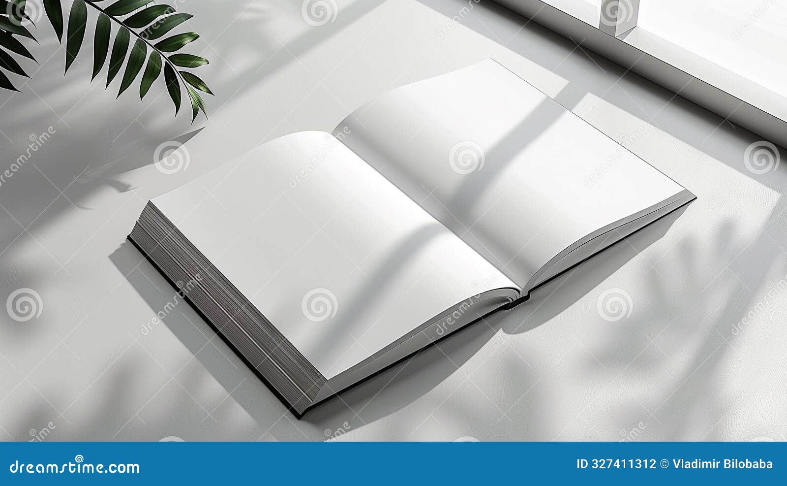 Open Book with White Pages on a White Surface with Leaf Shadows Stock ...