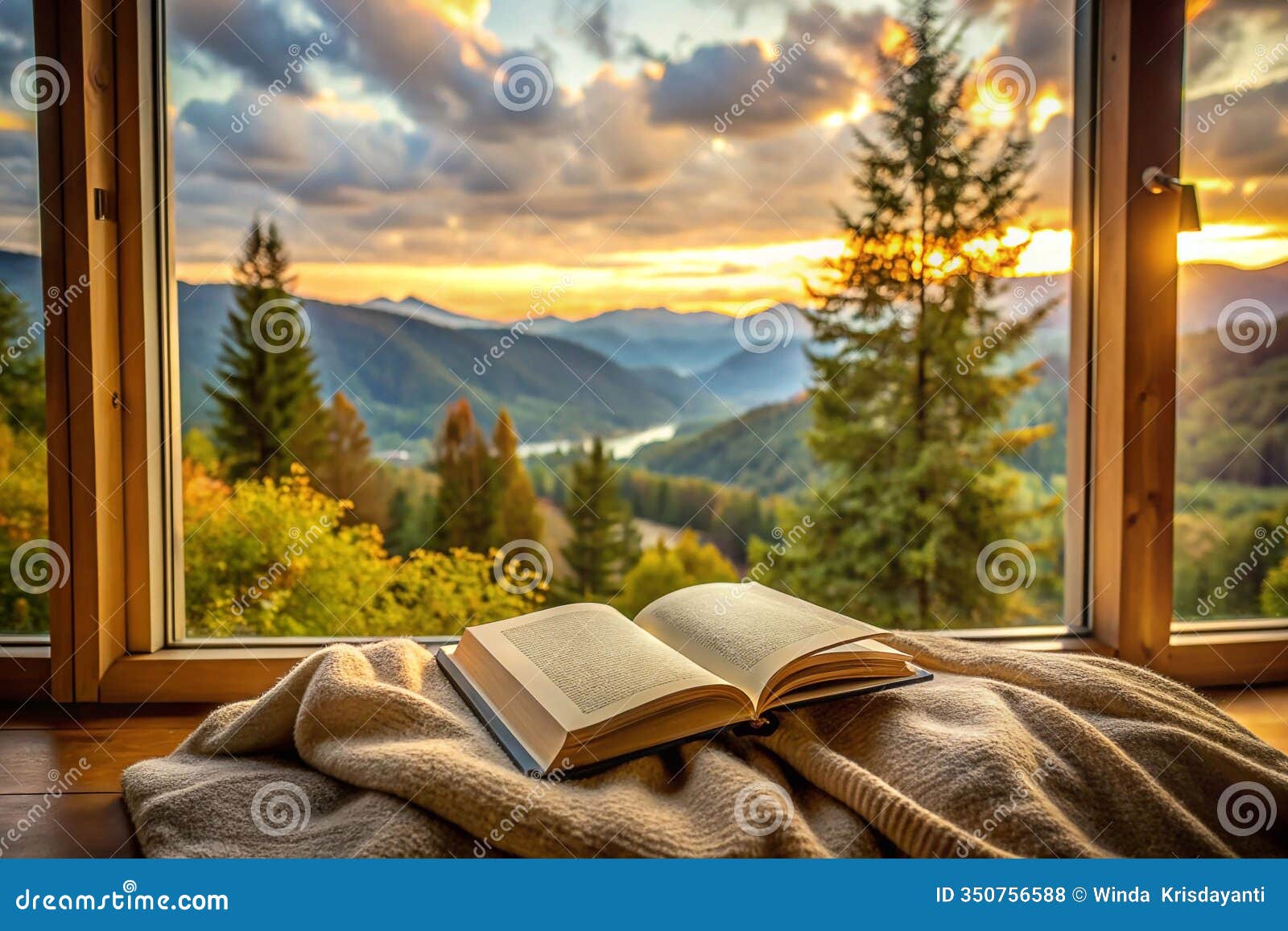 Open Book on Window Sill, Scenic Mountain Sunset View Stock ...