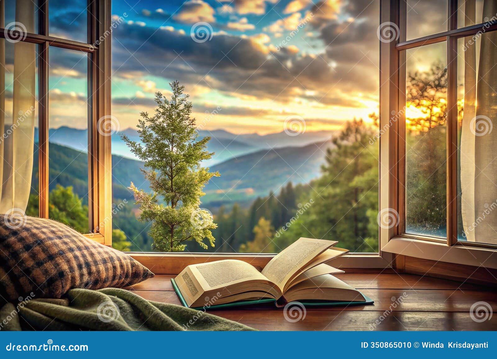Open Book on Windowsill, Scenic Sunset View Stock Illustration ...