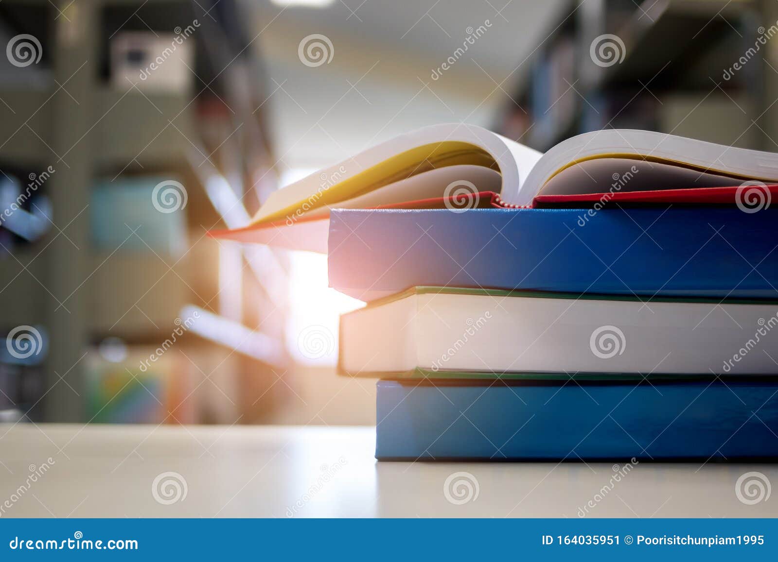 Open Book on Wood Desk in Library Stock Image - Image of furniture ...