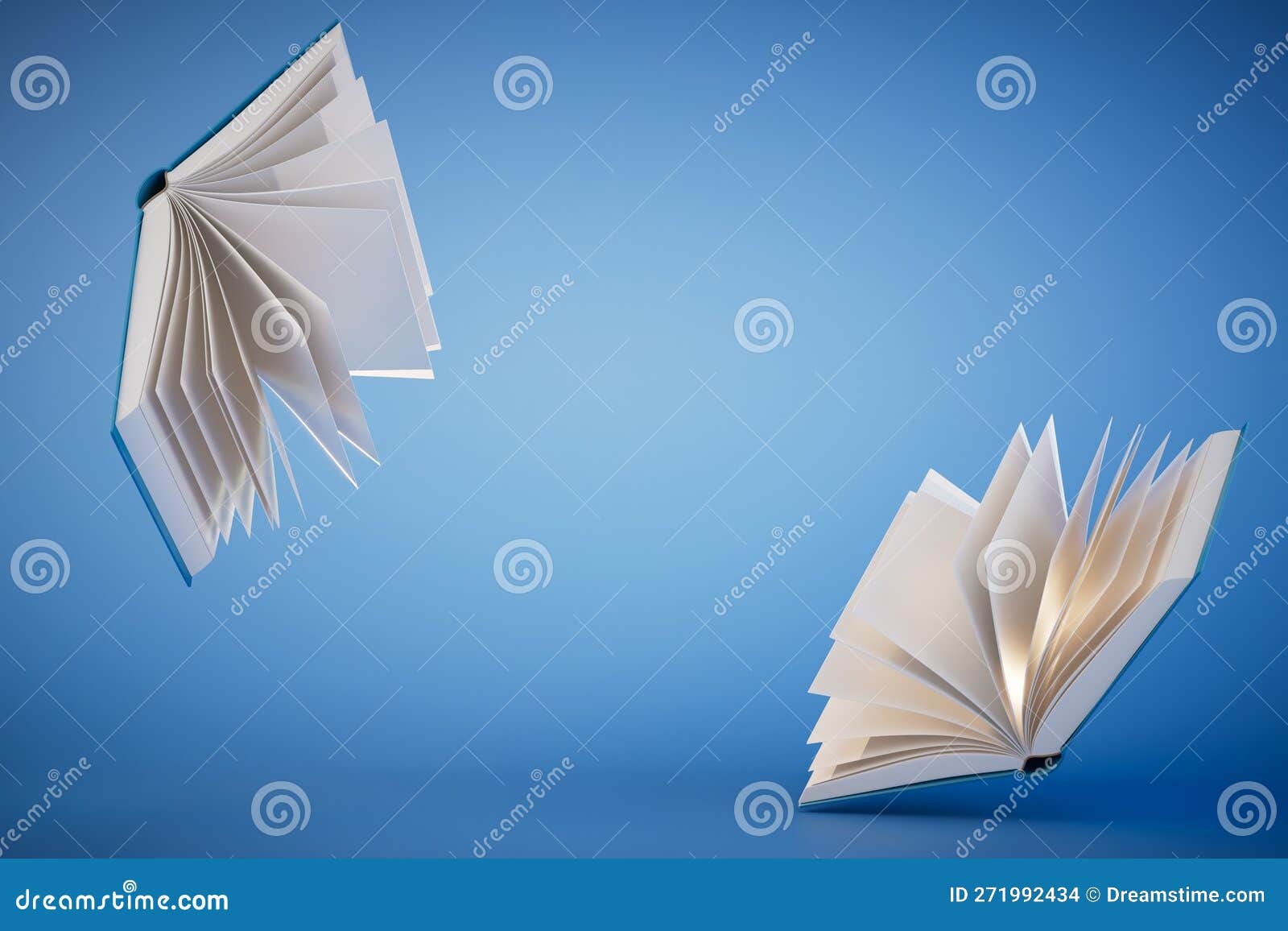 Open Books Flying on a Blue Background. Copy Paste, Copy Space Stock ...