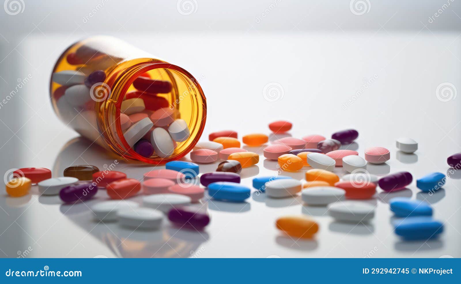 An Open Bottle with Colored Pills on the Table, View from the Side on ...