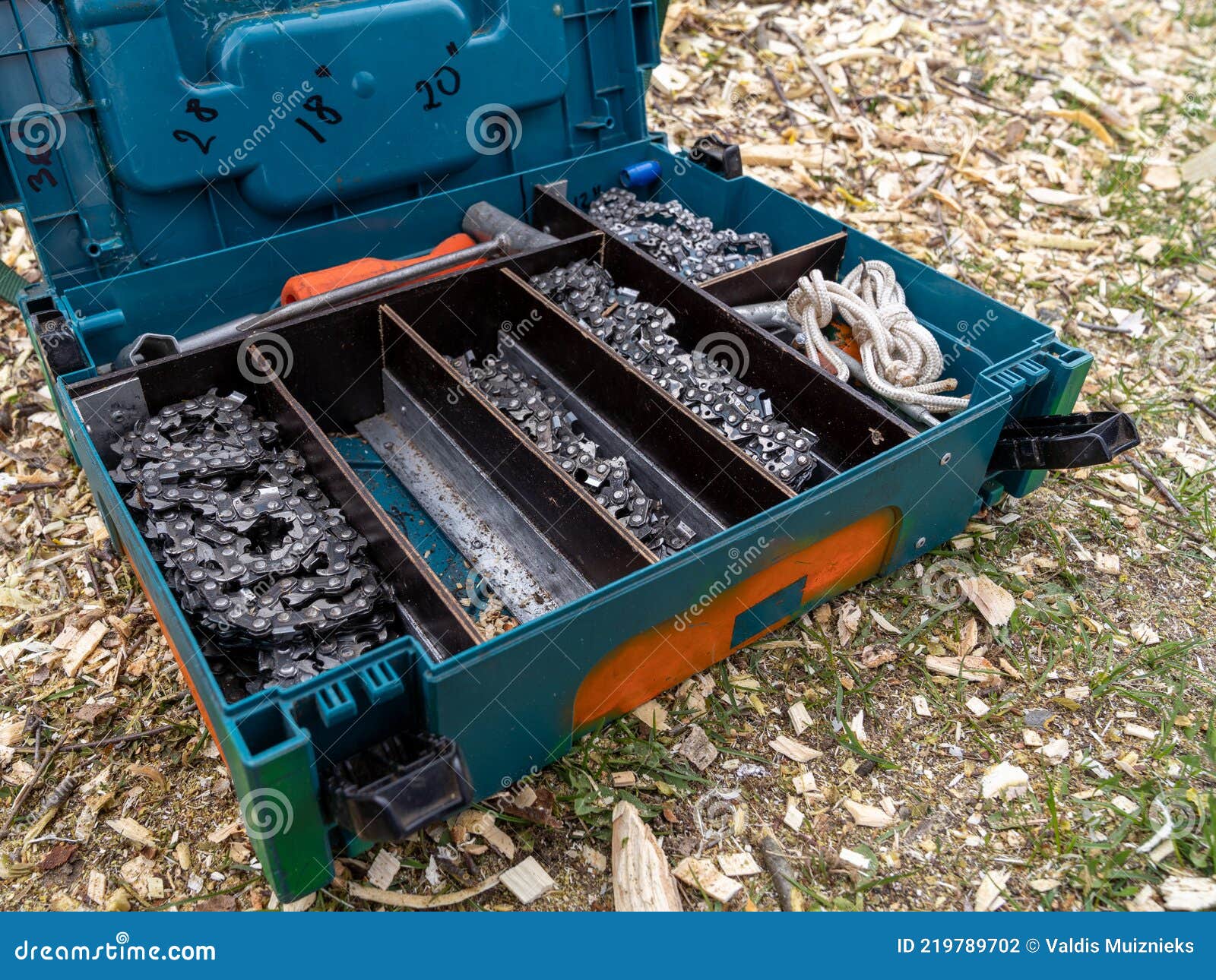Open Box with Chainsaw Chains in Different Sizes Stock Photo - Image of ...