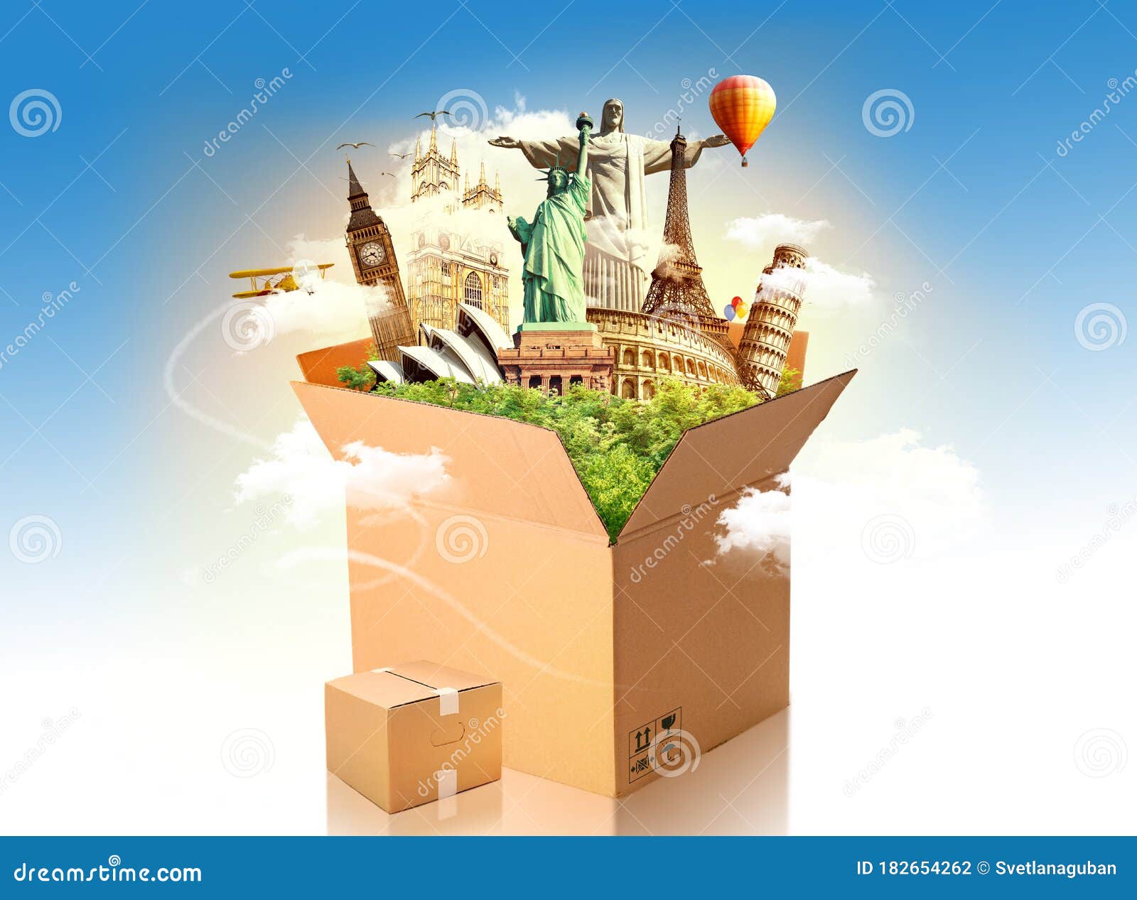 Open Box with Famous Monuments of the World Grouped Together Stock ...