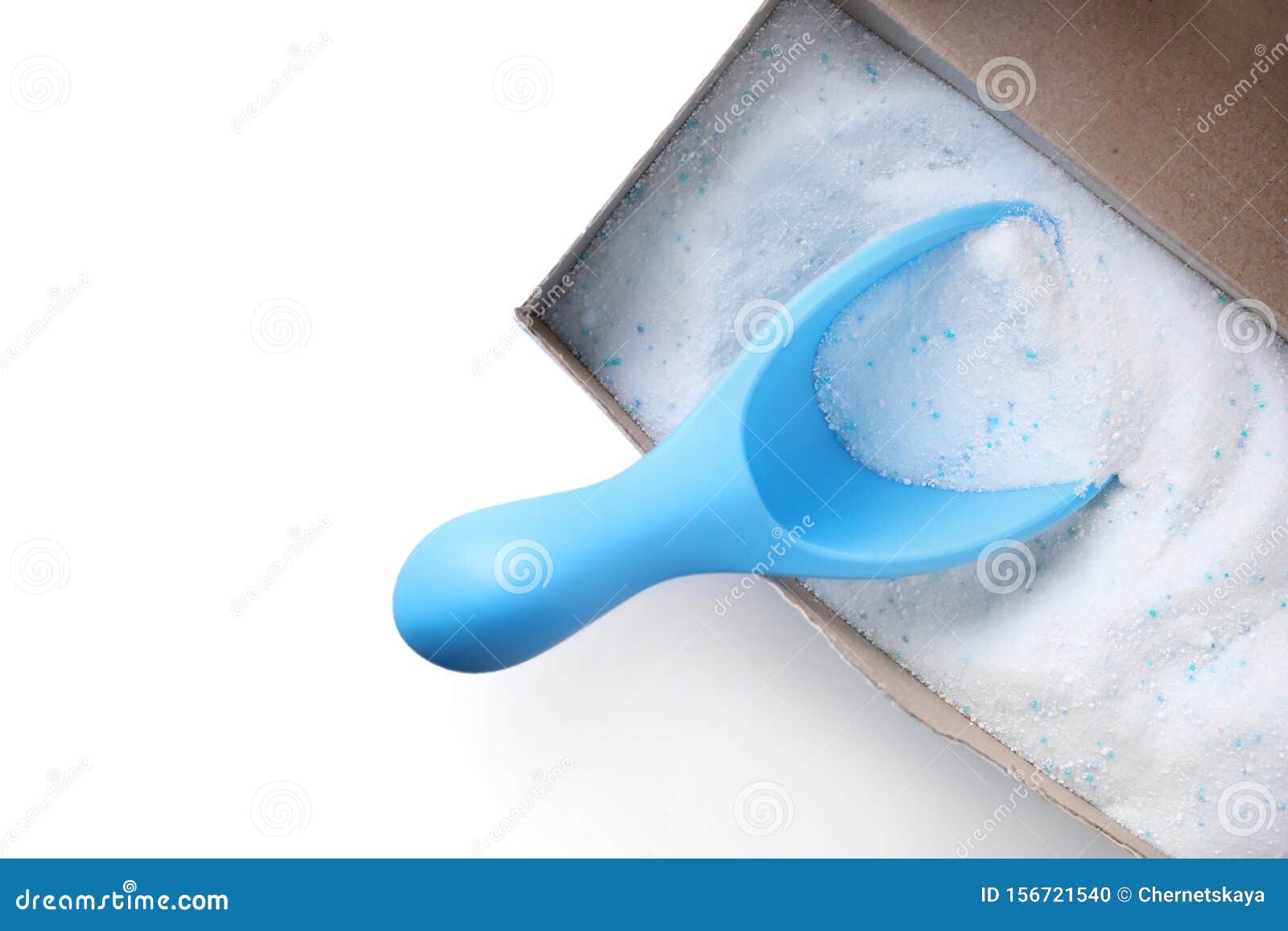 Open Box with Laundry Powder and Measuring Scoop Isolated on White ...