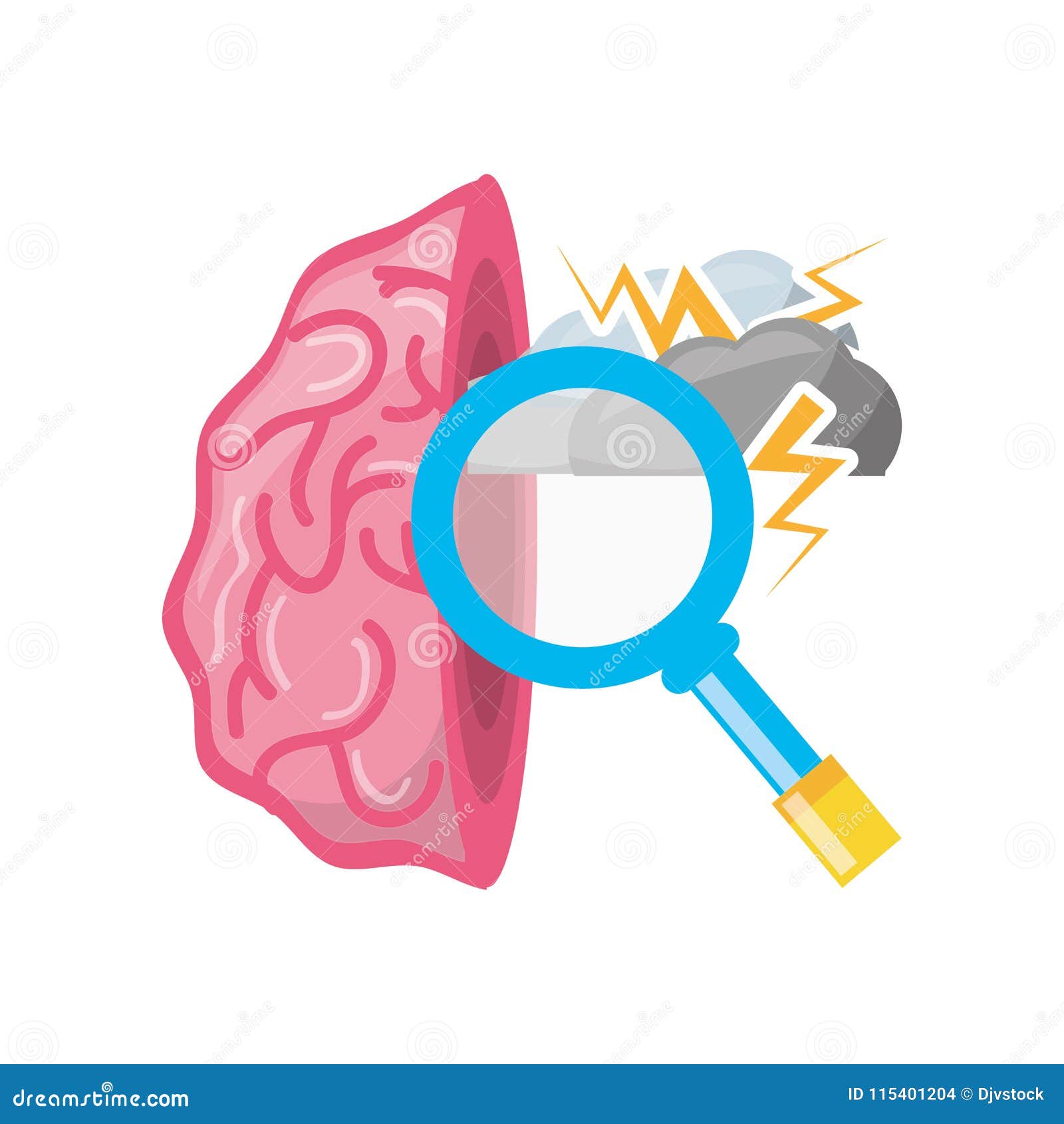Open Brain with Cloud Thunder and Magnifying Glass Stock Vector ...