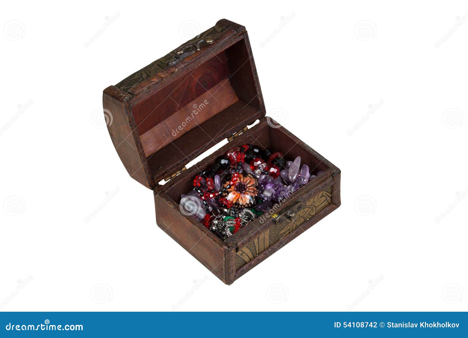 Open Brown Chest with Jewelry Isolated on White Background Stock Photo ...