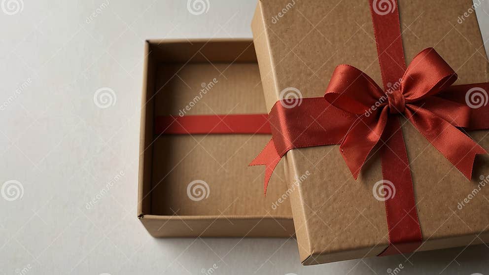 Open Brown Gift Box with Red Ribbon Bow on White Table Stock Image ...