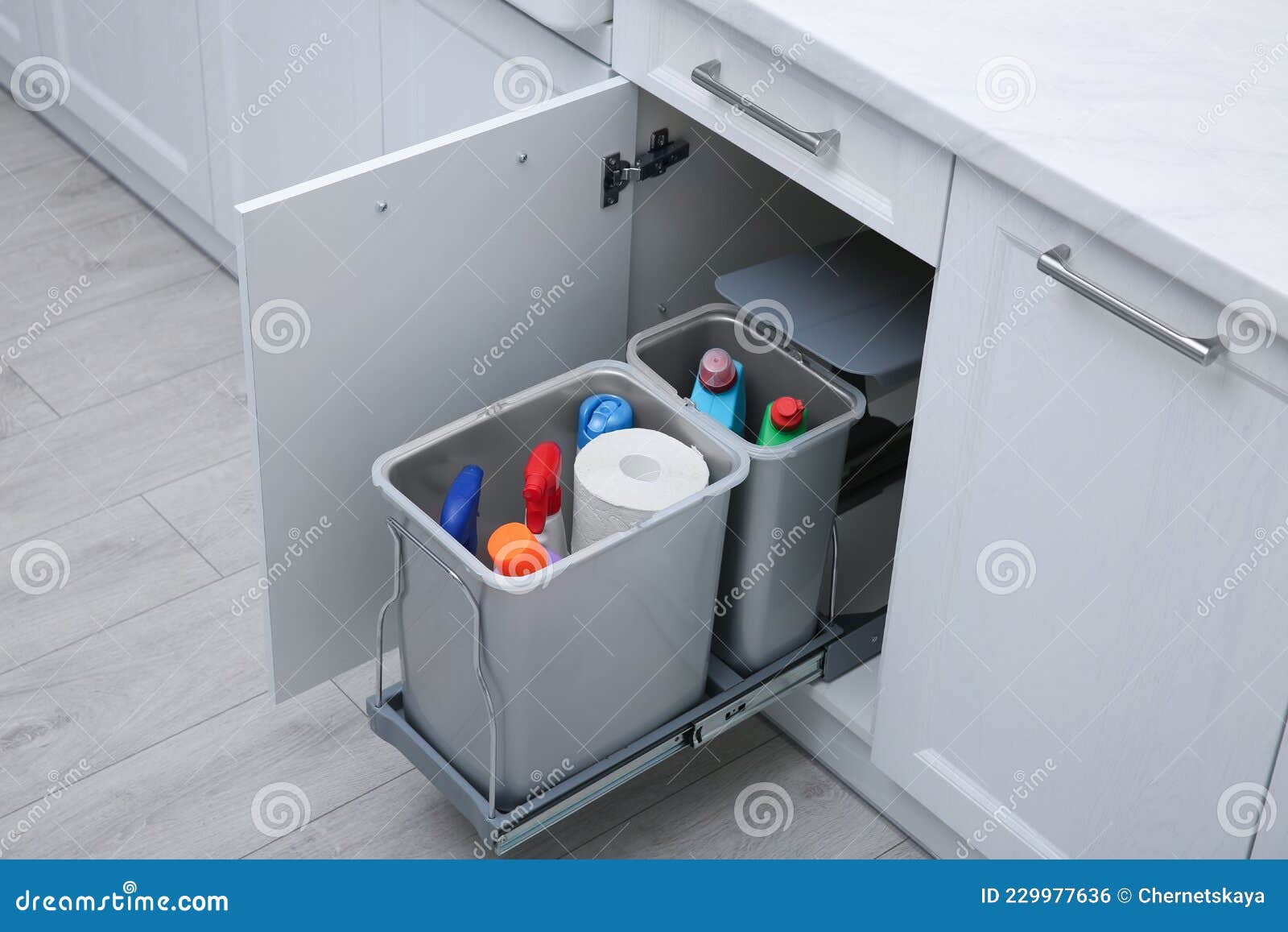 Open Cabinet with Different Cleaning Supplies in Kitchen Stock Photo ...