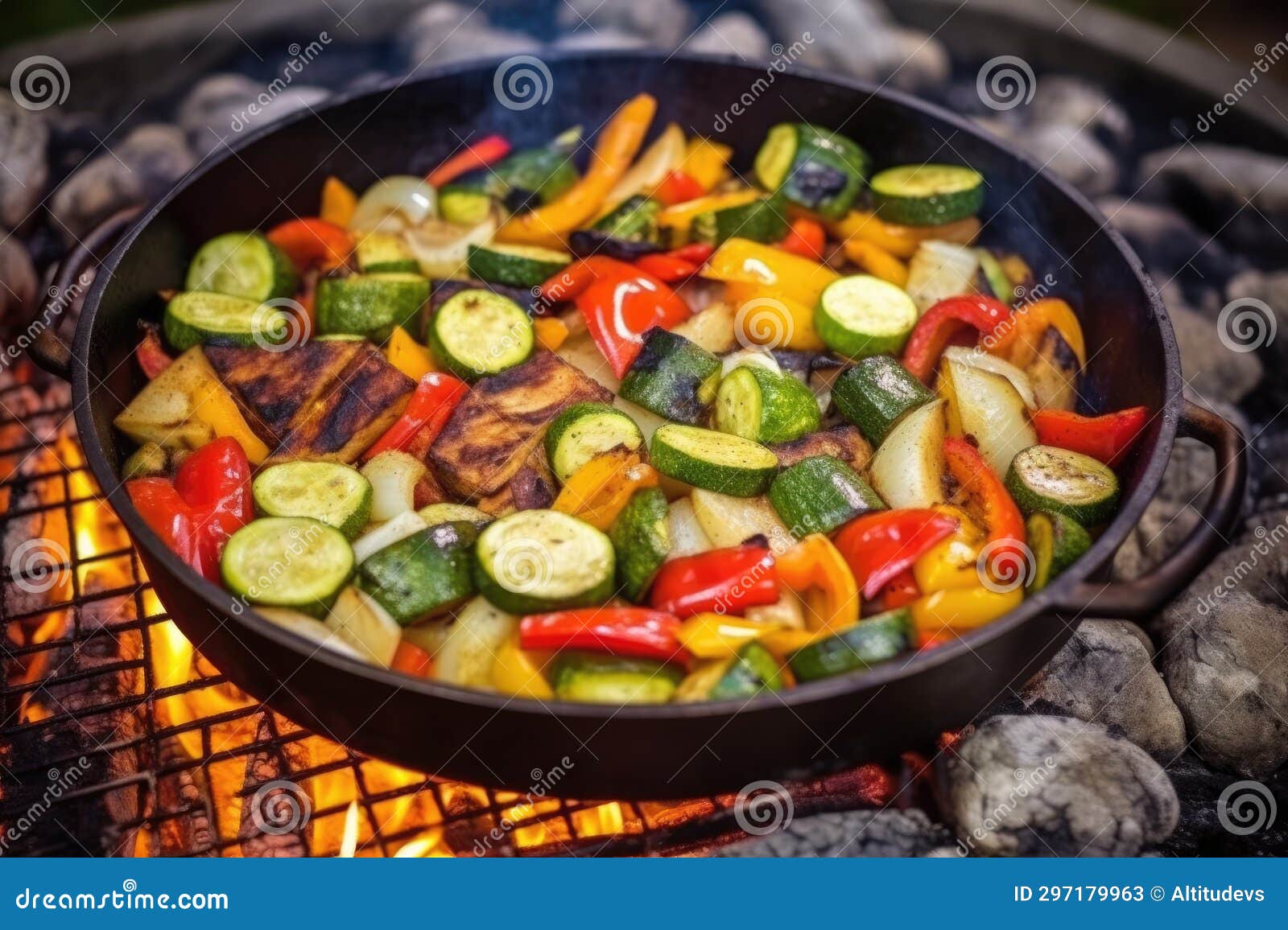 Open Campfire with a Pan Full of Roasted Vegetables Stock Image - Image ...