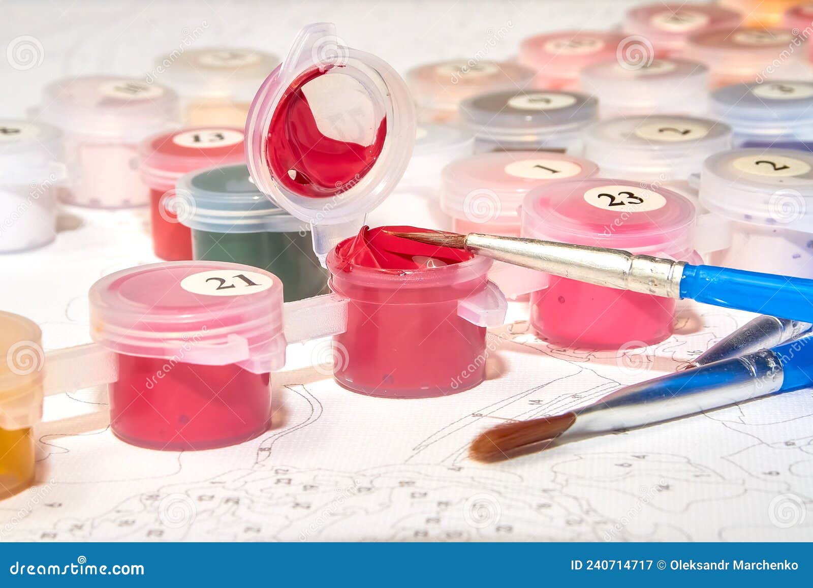 Open Can of Red Paint and Brushes for Painting by Numbers on the ...