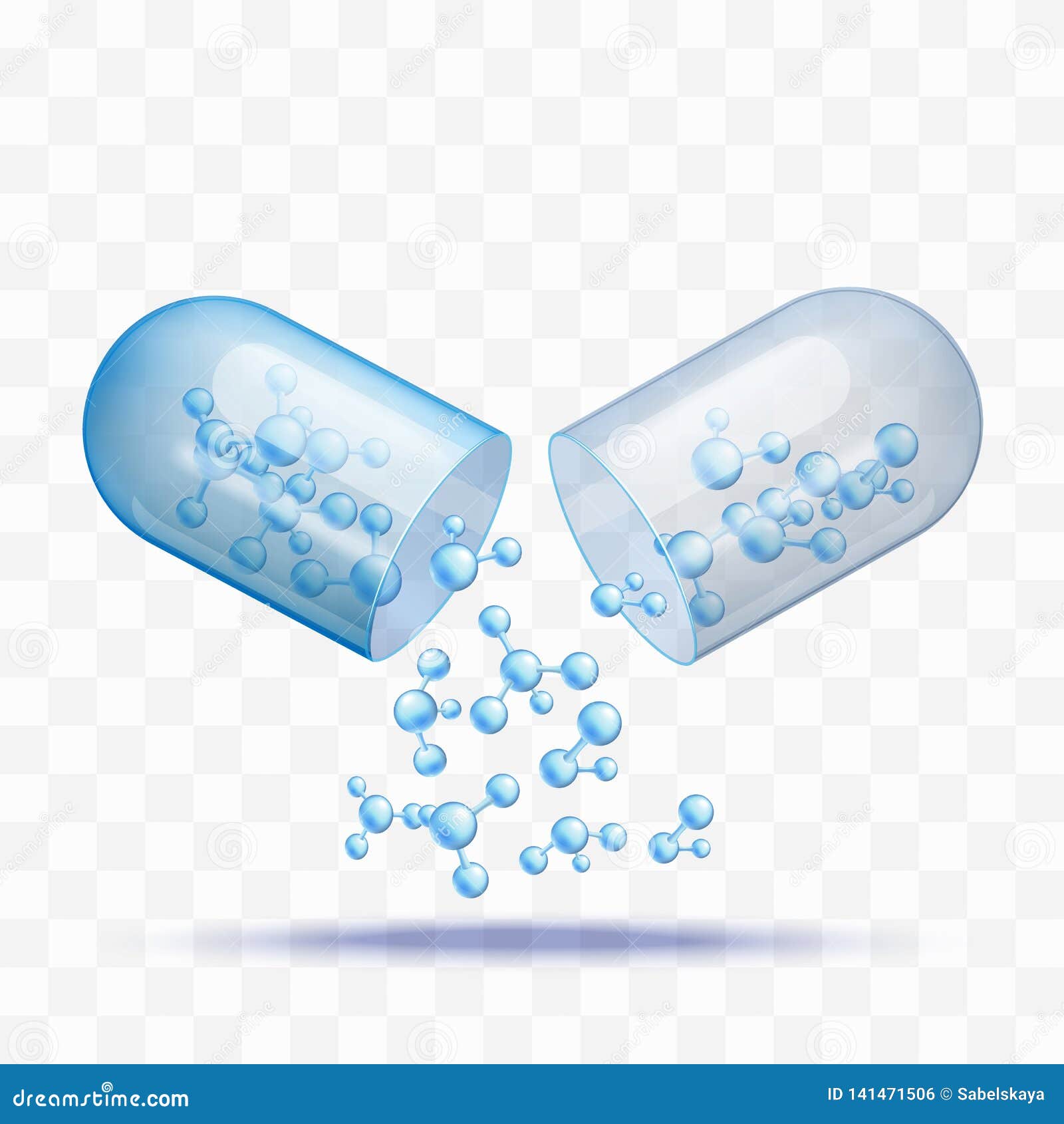 Open Capsule Pill with Falling Out Blue Molecules in Realistic Style ...