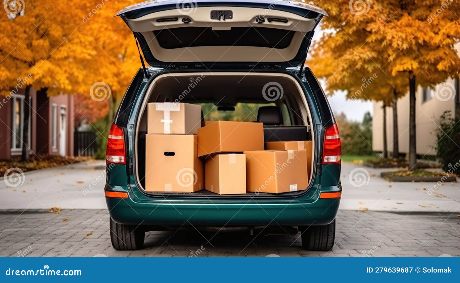 Open Car Trunk with Moving Boxes Outdoors. Generative AI Stock ...