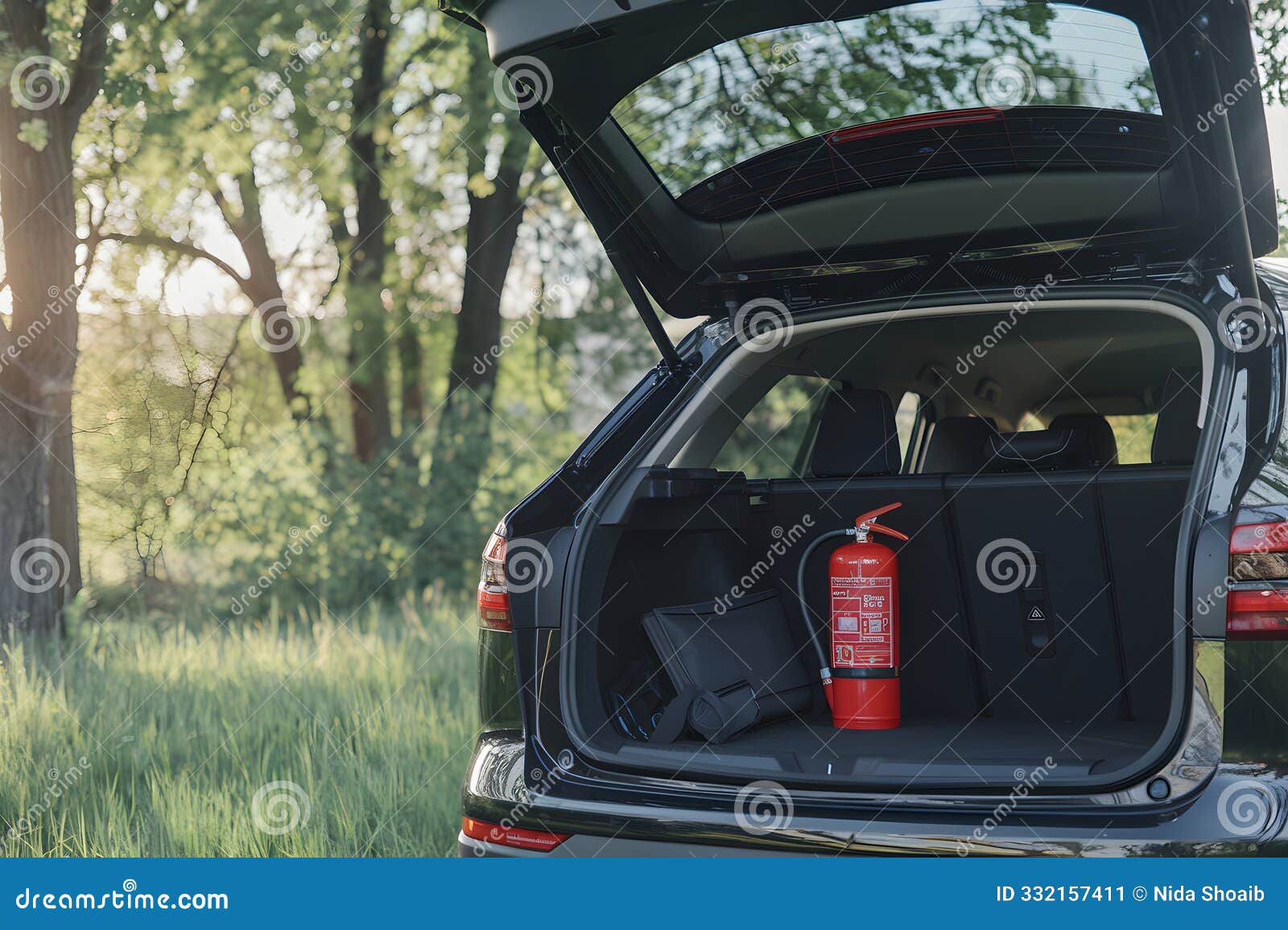 Open Car Trunk with a Red Fire Extinguisher Inside Against a Green ...