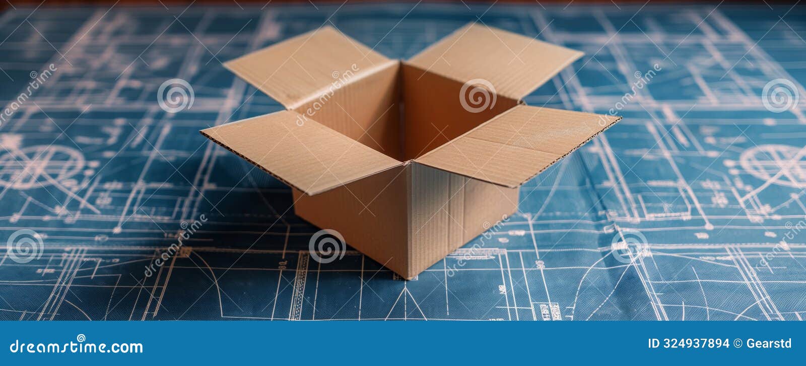 Open Cardboard Box on a Blueprint Mat Stock Photo - Image of blueprints ...