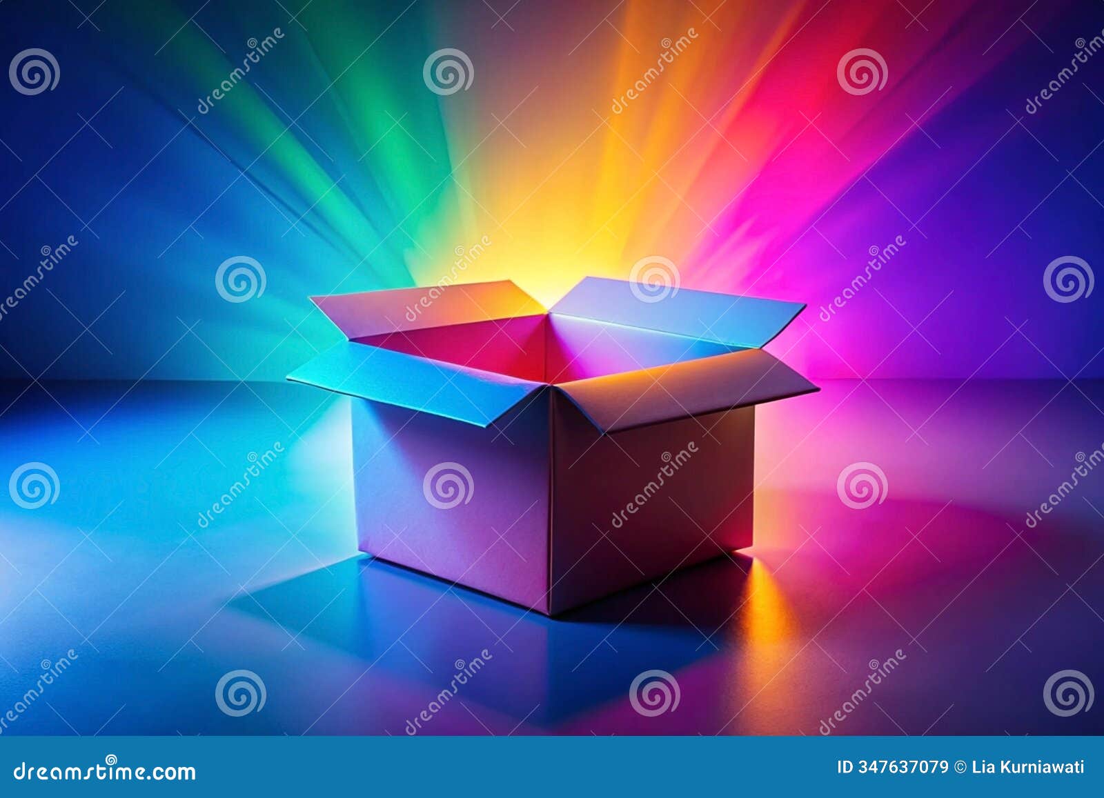 Open Cardboard Box Glowing with Vibrant Rainbow Light Rays Stock ...