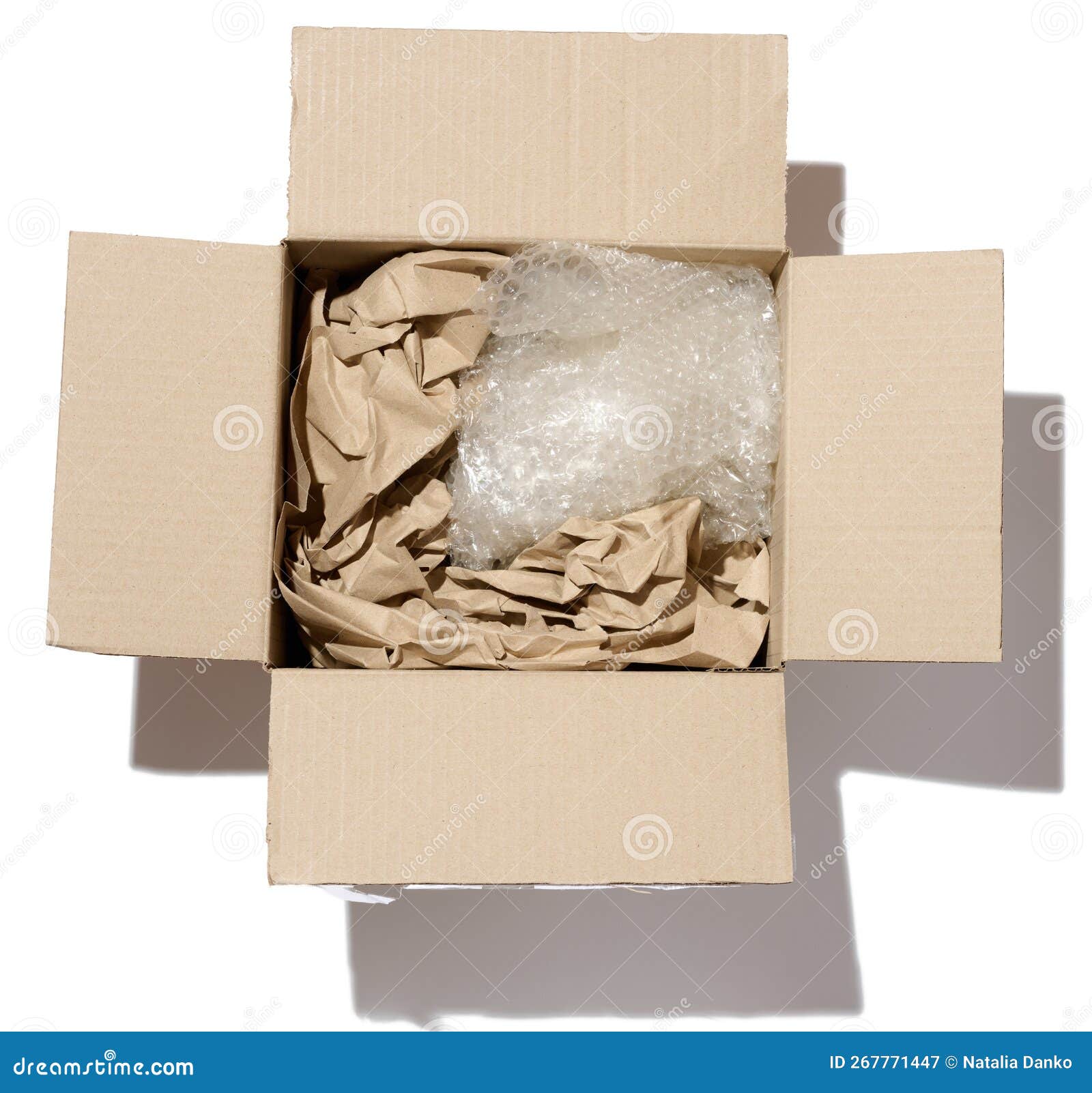 Open Cardboard Box, Inside Crumpled Paper and Polyethylene Stock Image ...