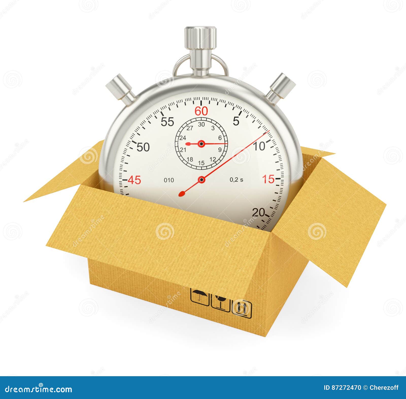 Open Cardboard Box with Stopwatch Stock Photo - Image of measure ...