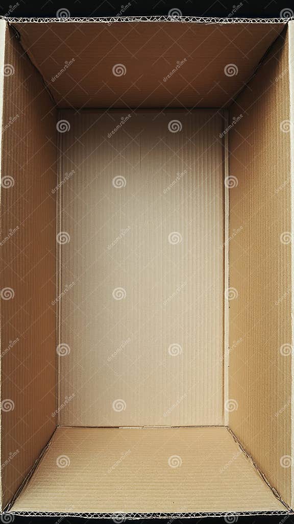 An Open Cardboard Box with Three Vertical Deep Walls Viewed from the ...