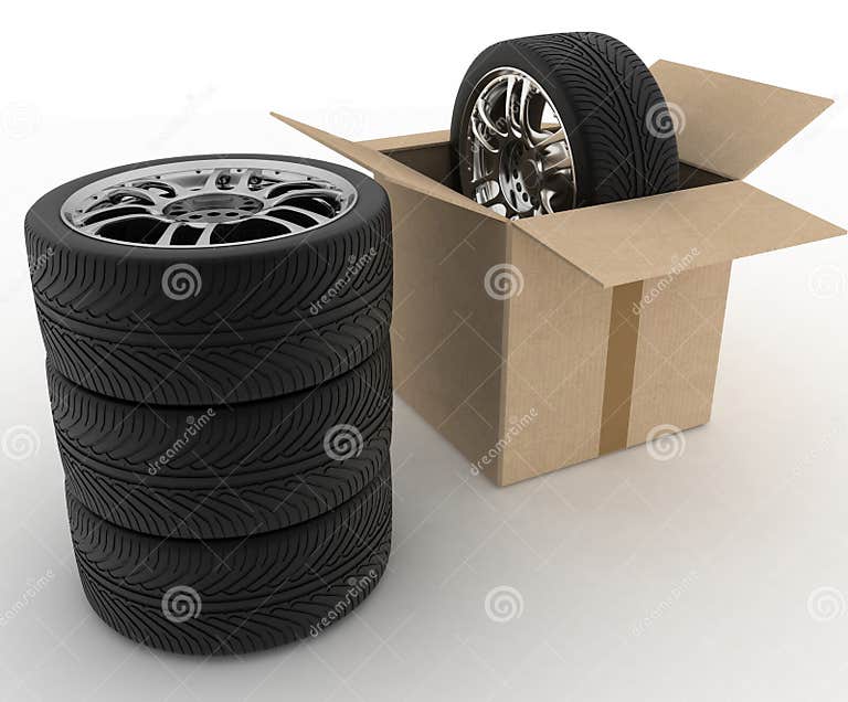 Open Cardboard Box with Tires on White Stock Illustration ...