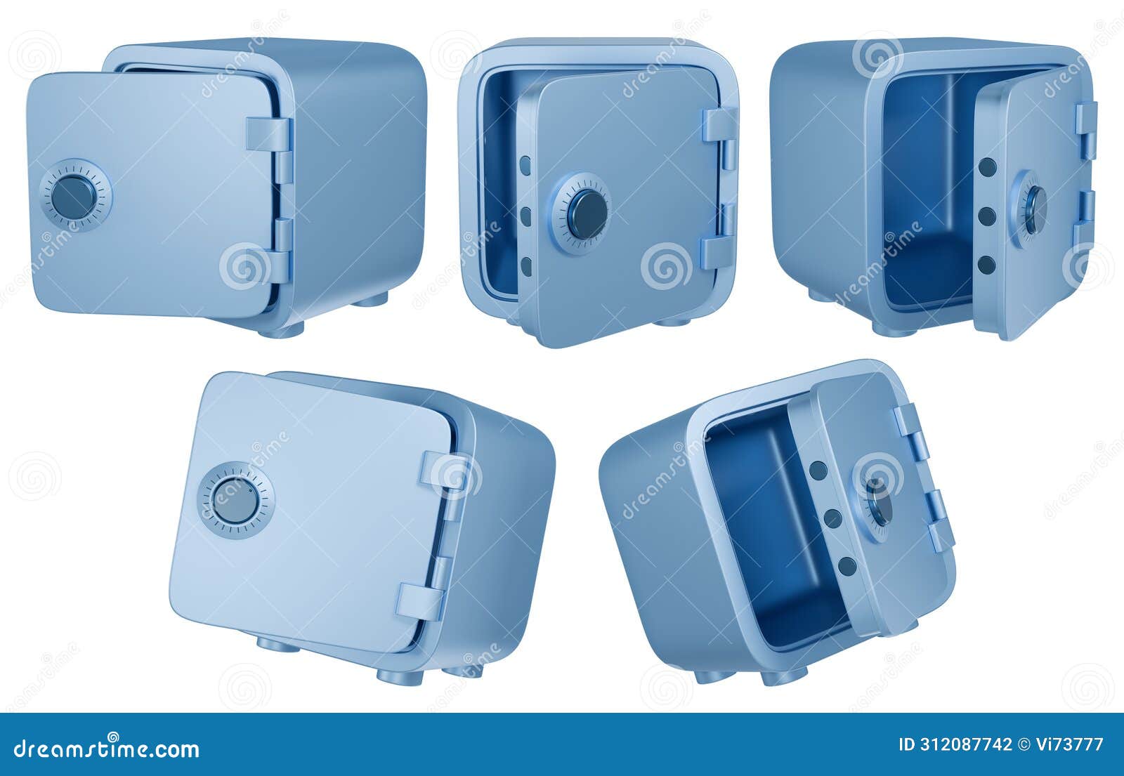 Open Cartoon Safe Set. Isolated Blue Metal Safes in Different Angles ...